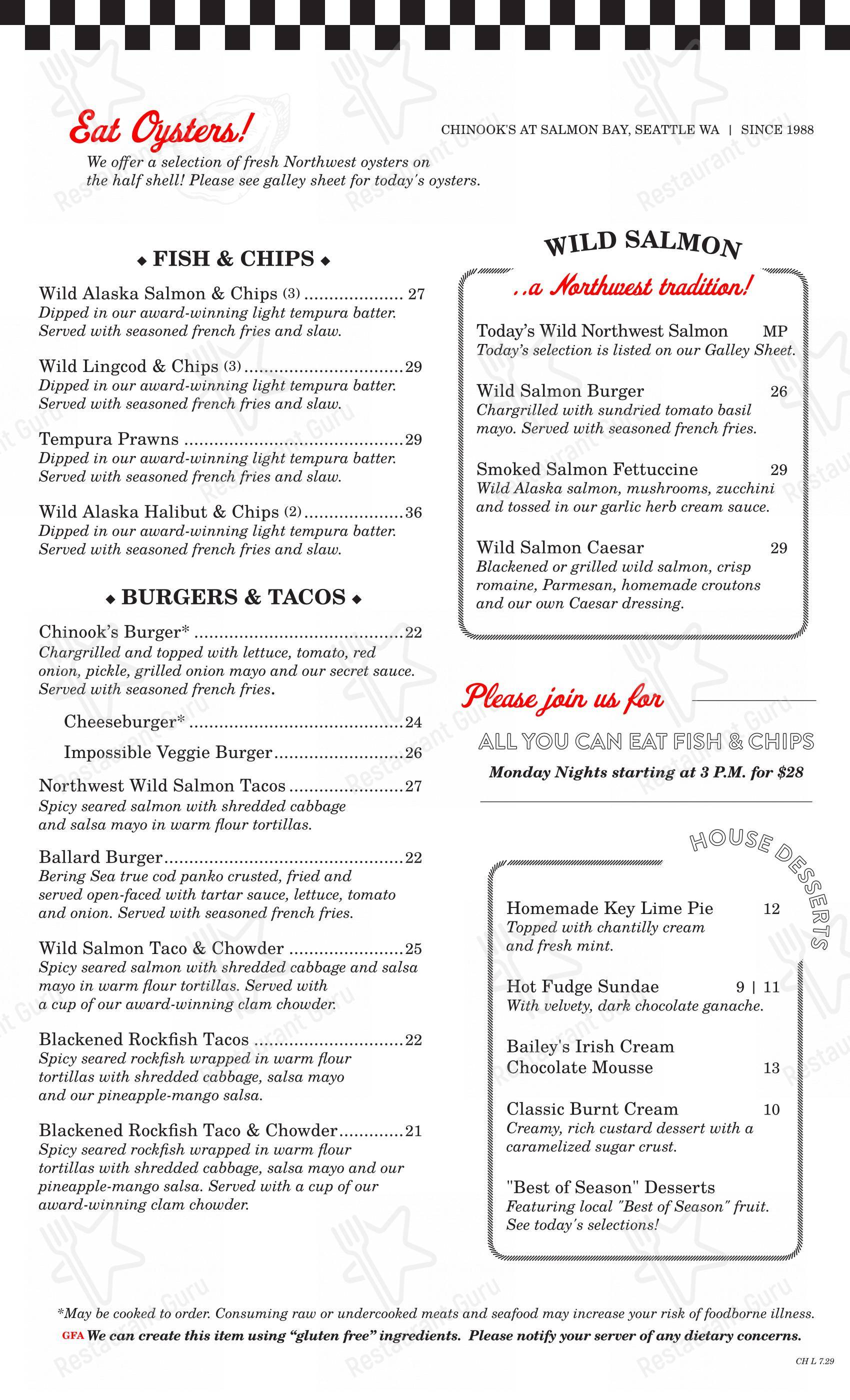 Menu at Anthony's At Point Defiance restaurant, Tacoma