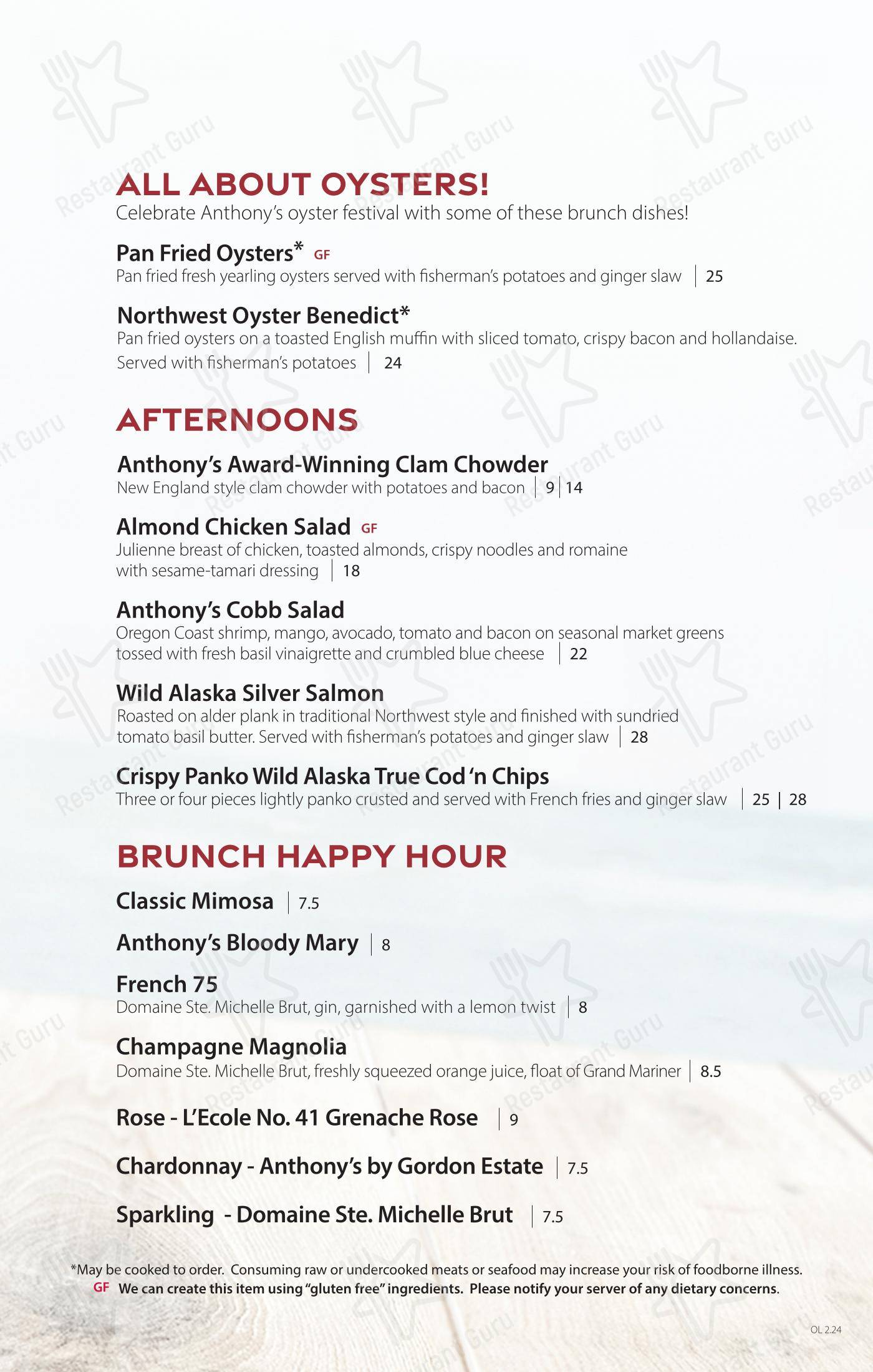 Menu at Anthony's At Point Defiance restaurant, Tacoma