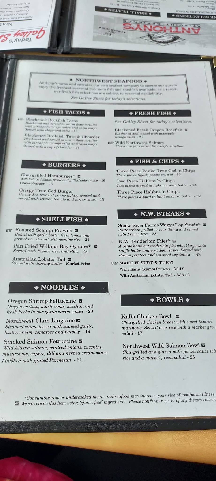 Menu at Anthony's At Point Defiance restaurant, Tacoma