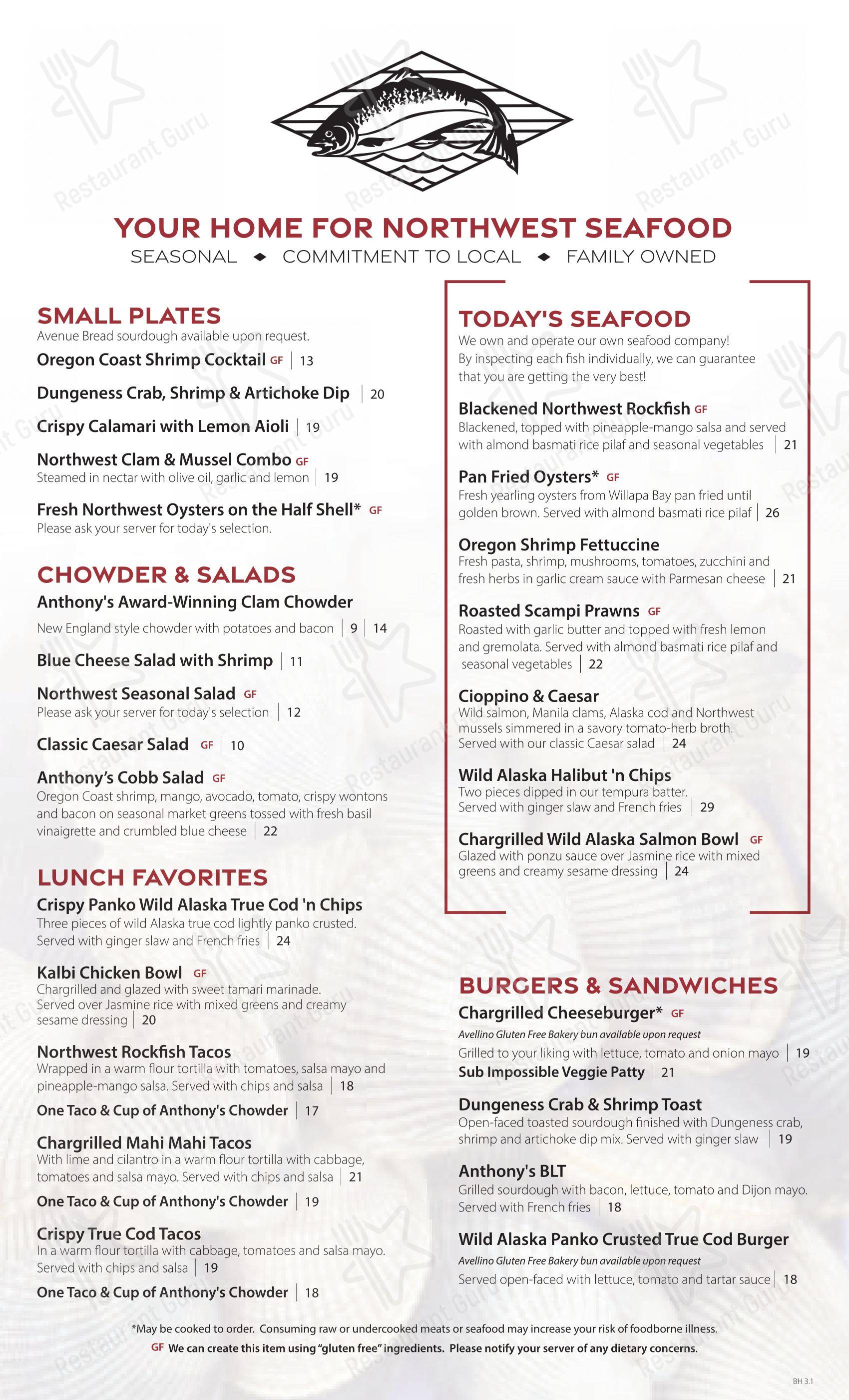 Menu at Anthony's At Point Defiance restaurant, Tacoma