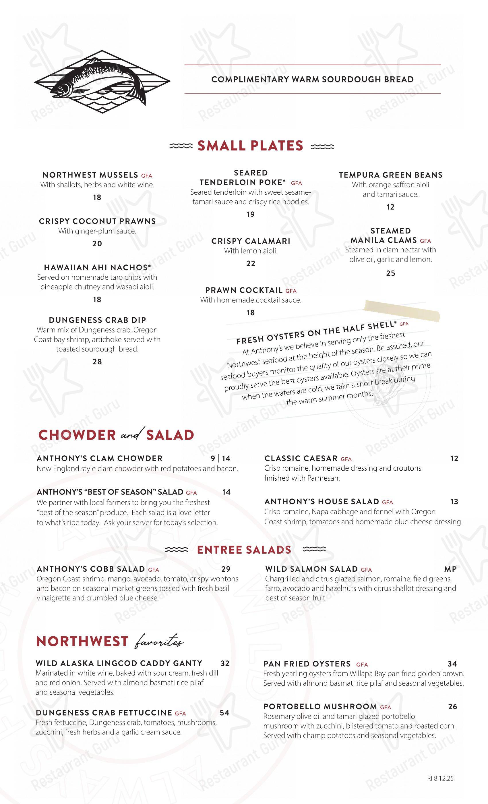 Menu at Anthony's At Point Defiance restaurant, Tacoma