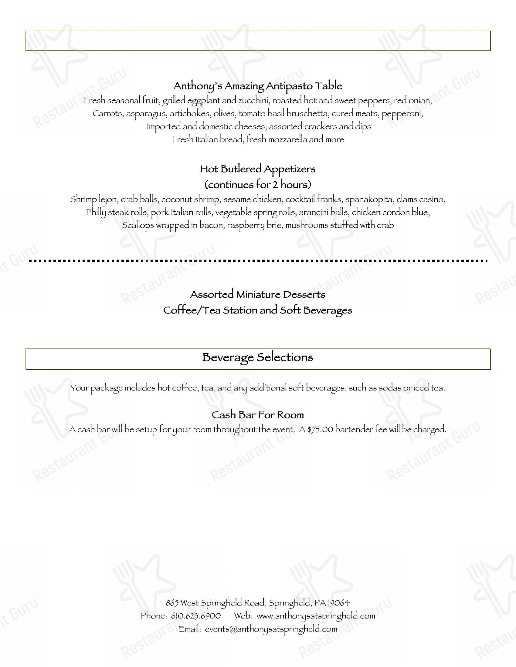 Menu at Anthony's restaurant, Springfield