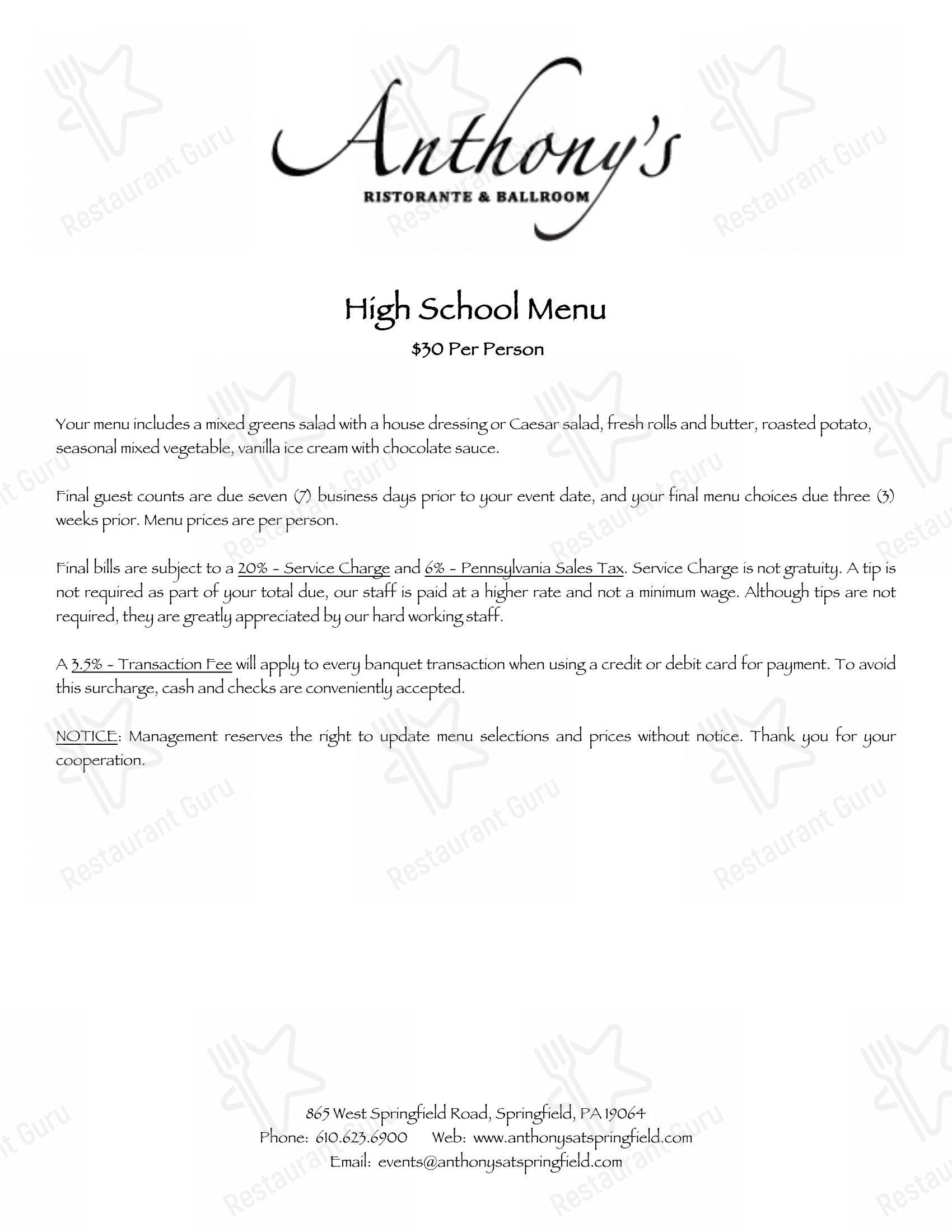 Menu at Anthony's restaurant, Springfield