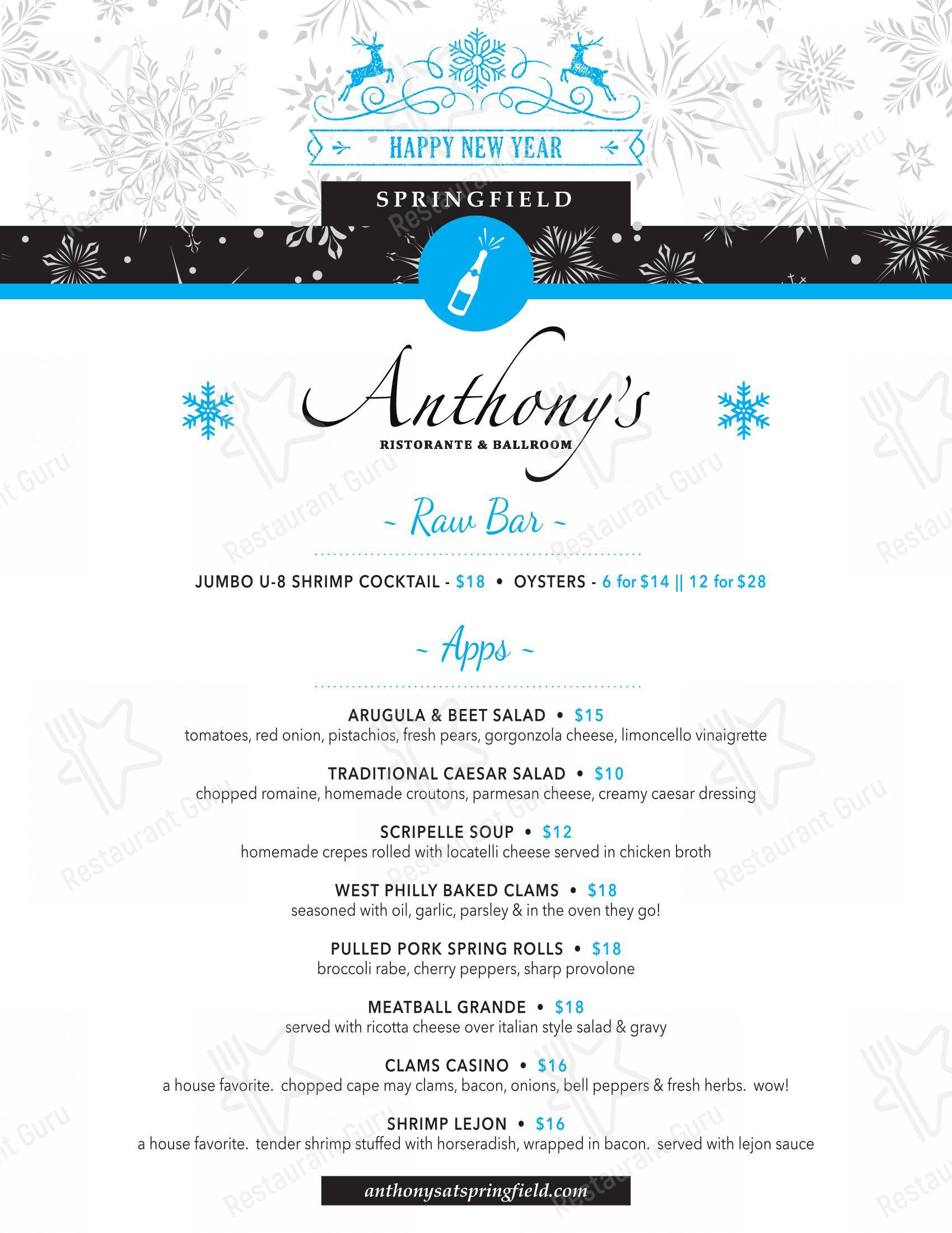 Menu at Anthony's restaurant, Springfield