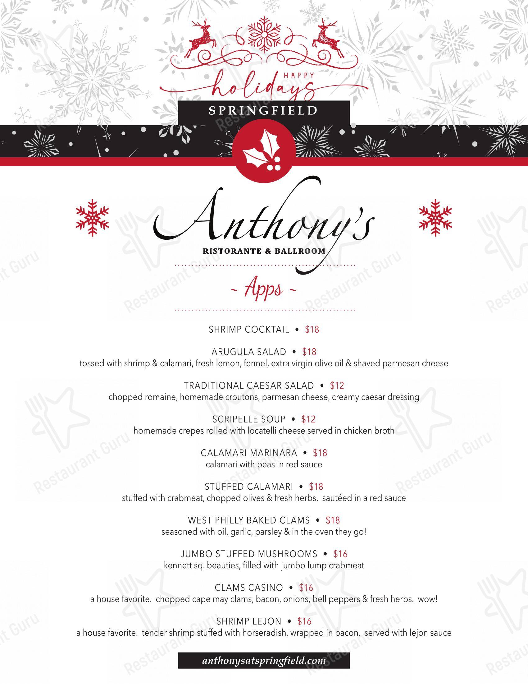 Menu at Anthony's restaurant, Springfield