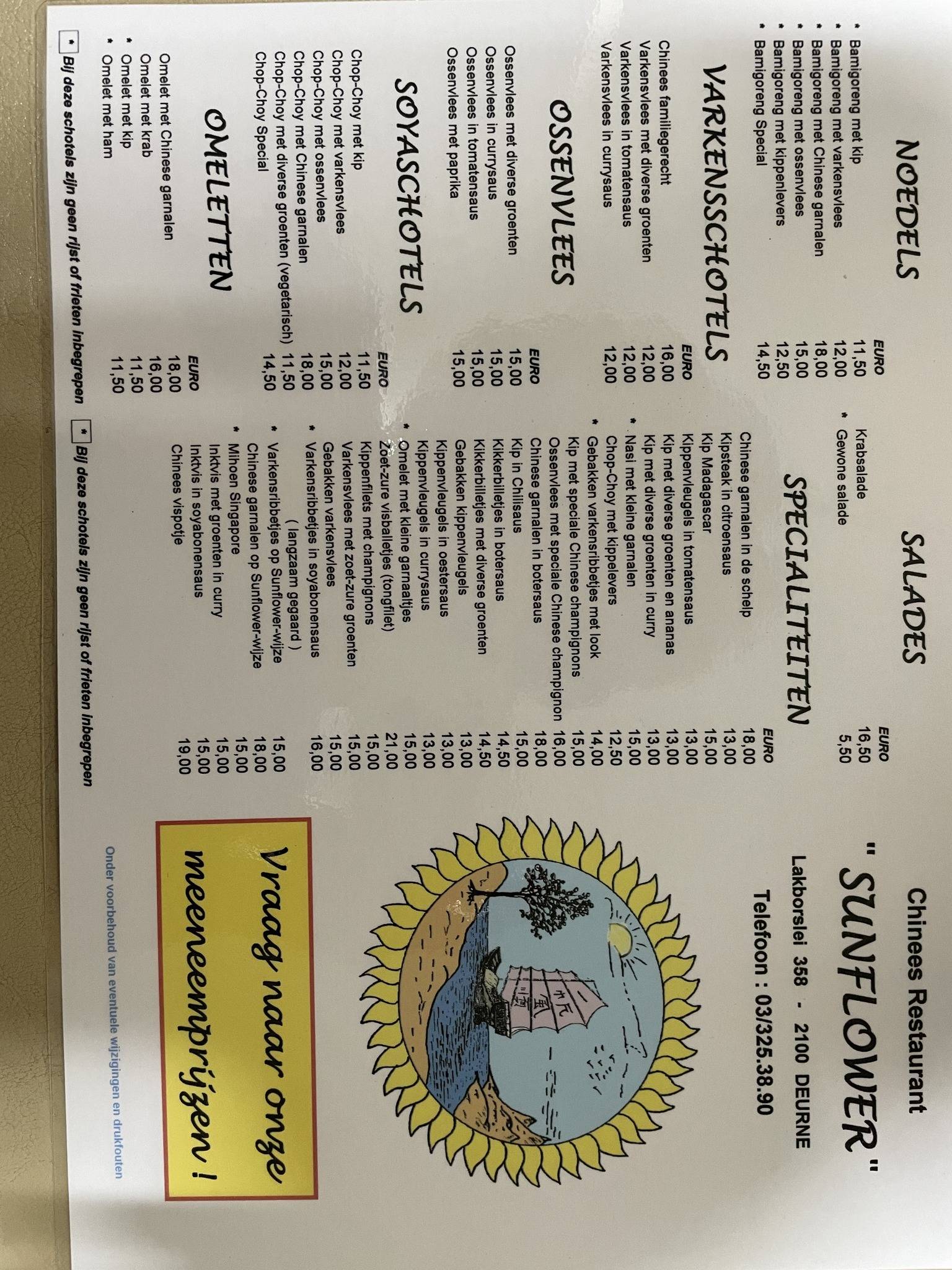 Menu at Sunflower restaurant, Antwerp