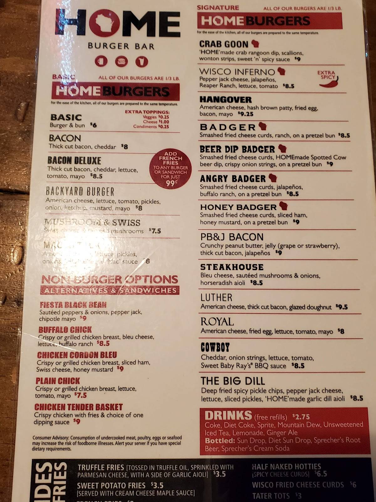 Menu at Home Burger Bar, Appleton