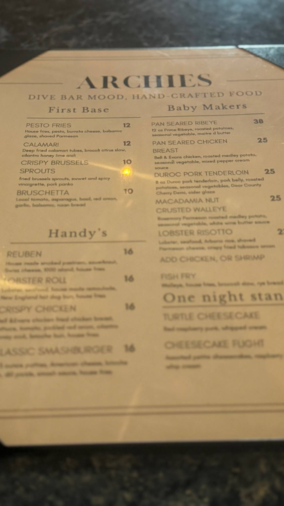 Menu at Archies restaurant, Little Suamico