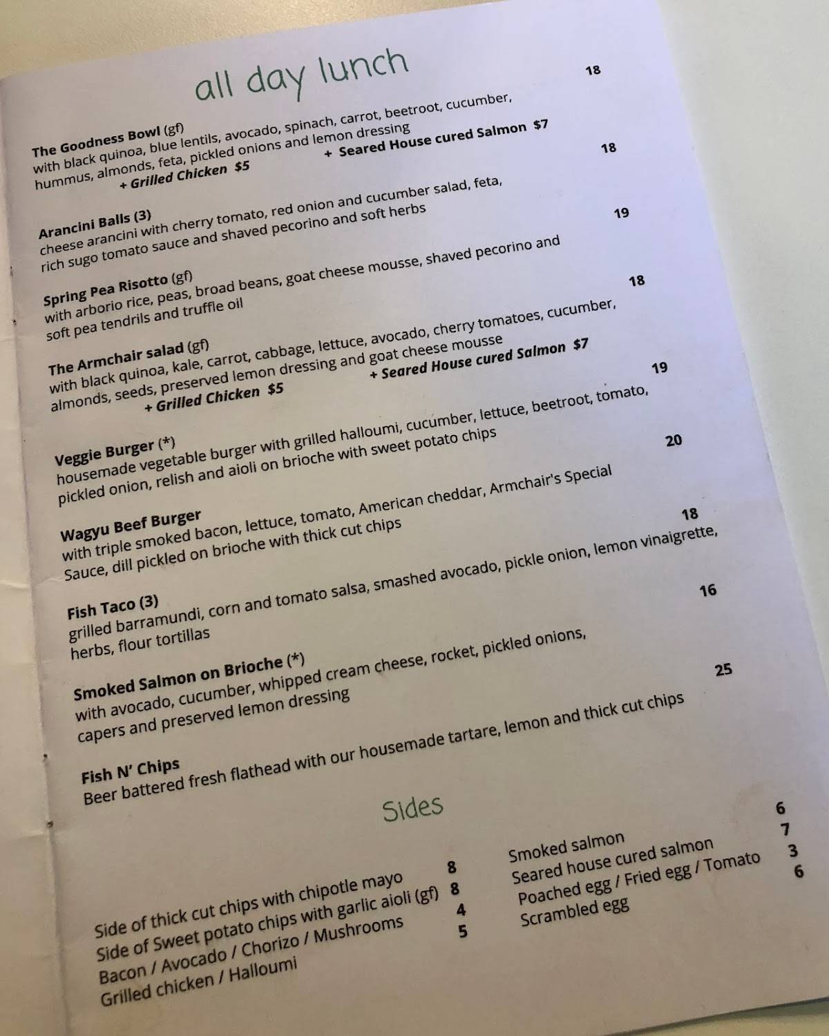 Menu at Armchair Collective Mona Vale restaurant, Mona Vale