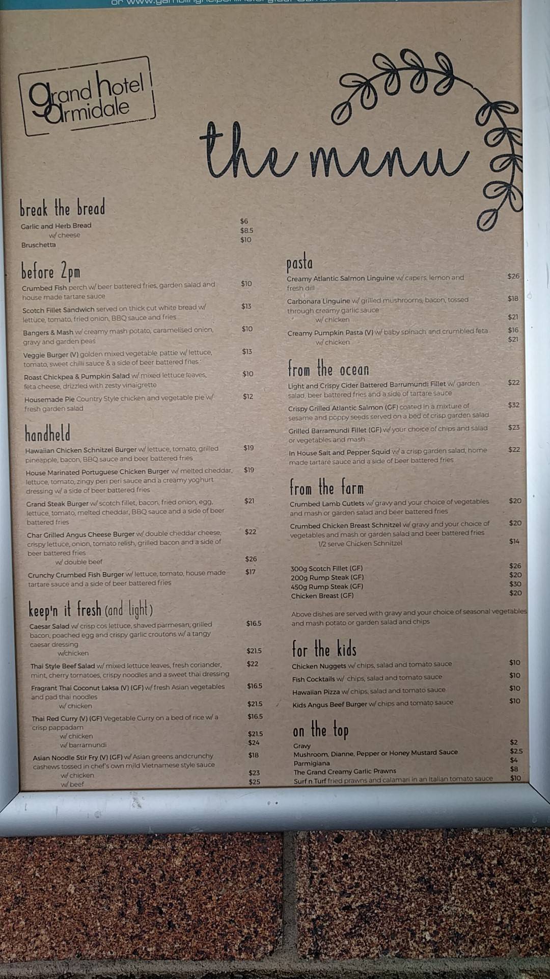 Menu at The Grand Hotel pub & bar, Armidale
