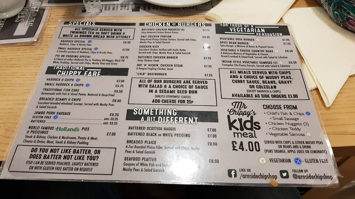 Menu at Arnside Chip Shop fast food, Arnside, 1 The Promenade