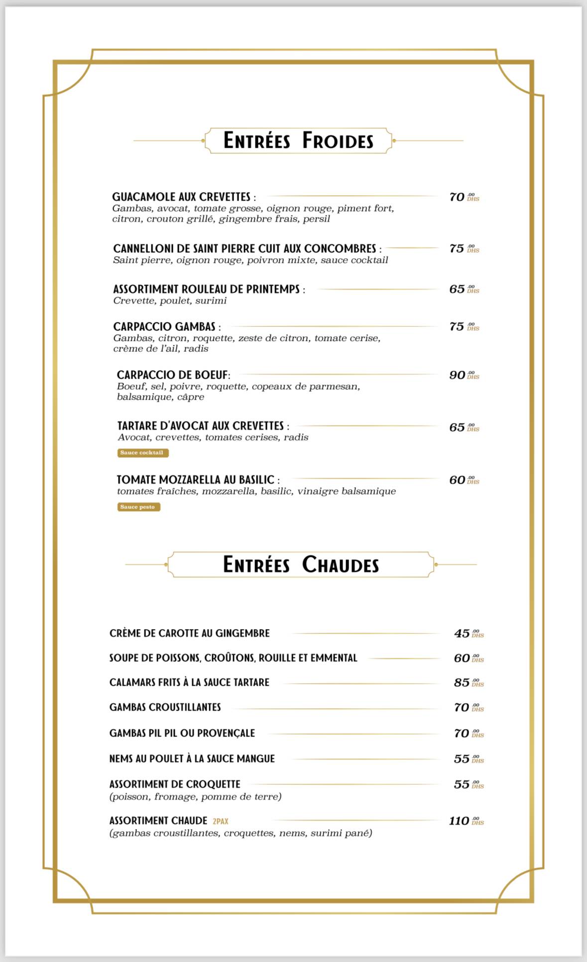 Menu at Arômes de Paris restaurant, Agadir