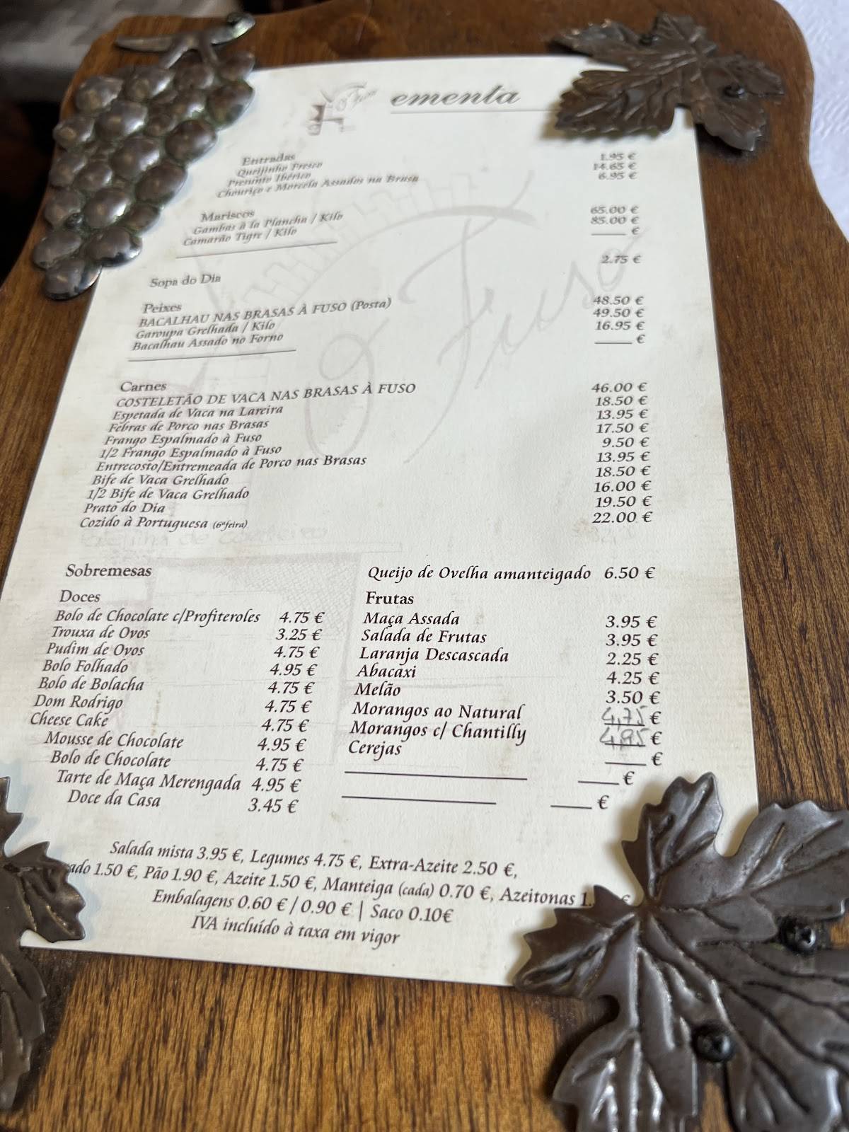 Menu em Restaurante O Fuso, Arruda dos Vinhos