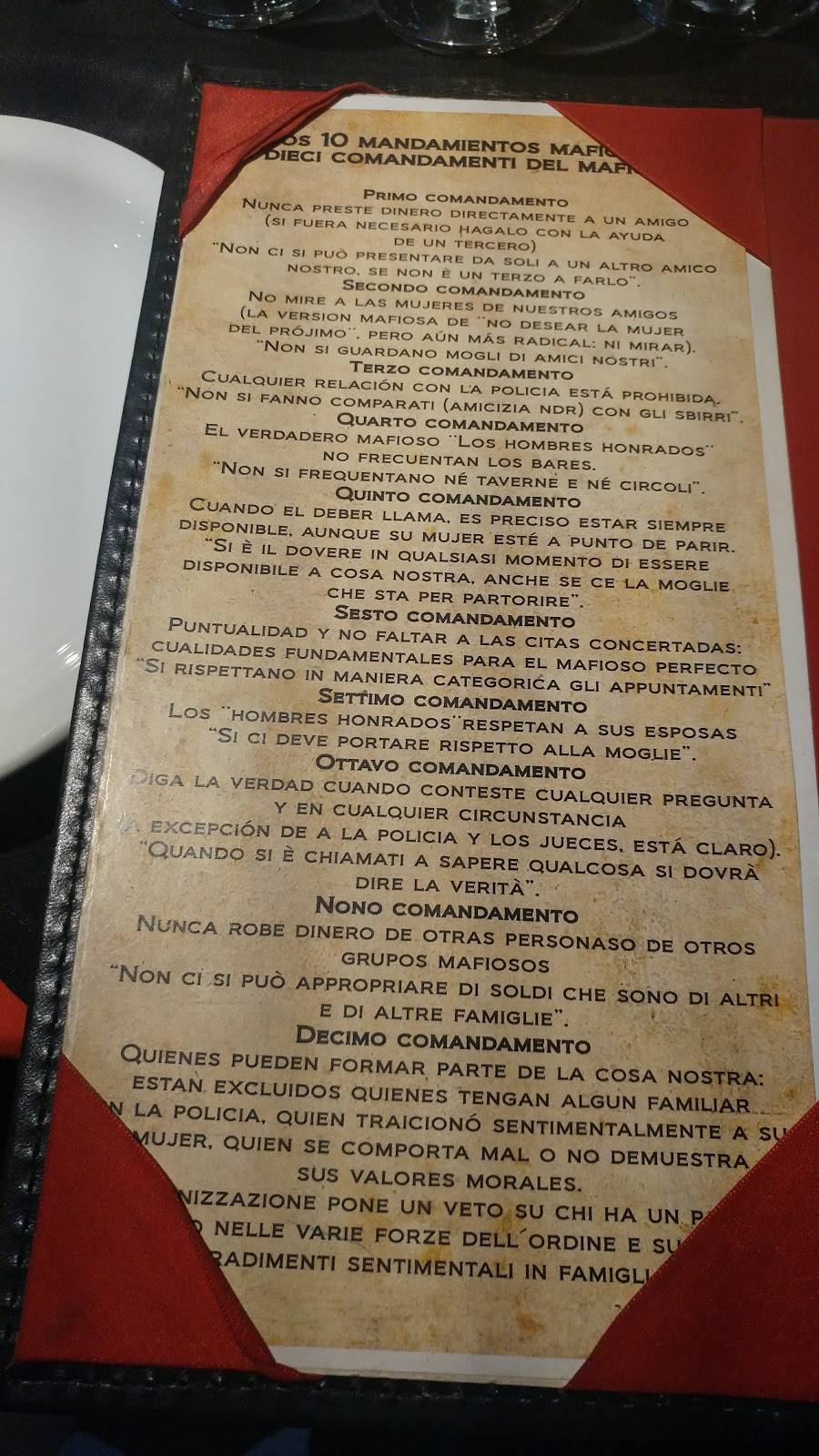Carta del restaurante Arte del Mafia, Buenos Aires