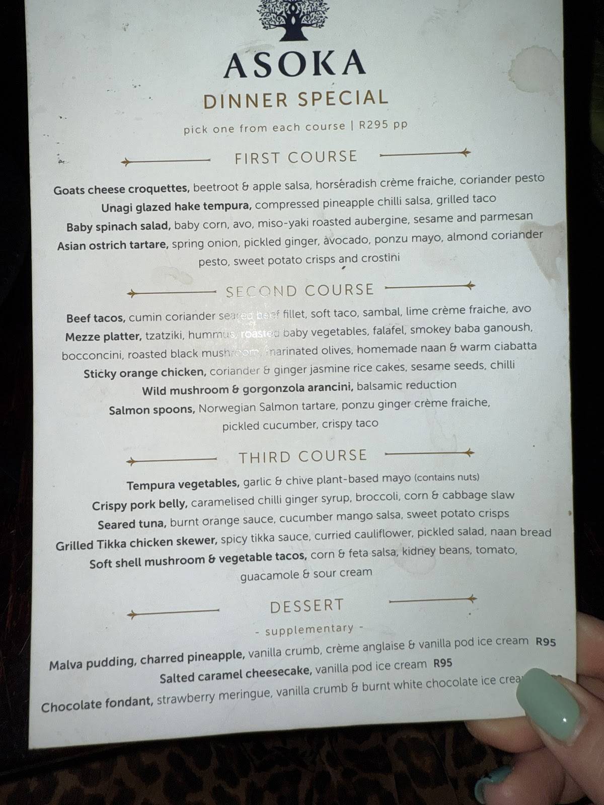 Menu at Asoka Restaurant, Bar and Lounge, Cape Town