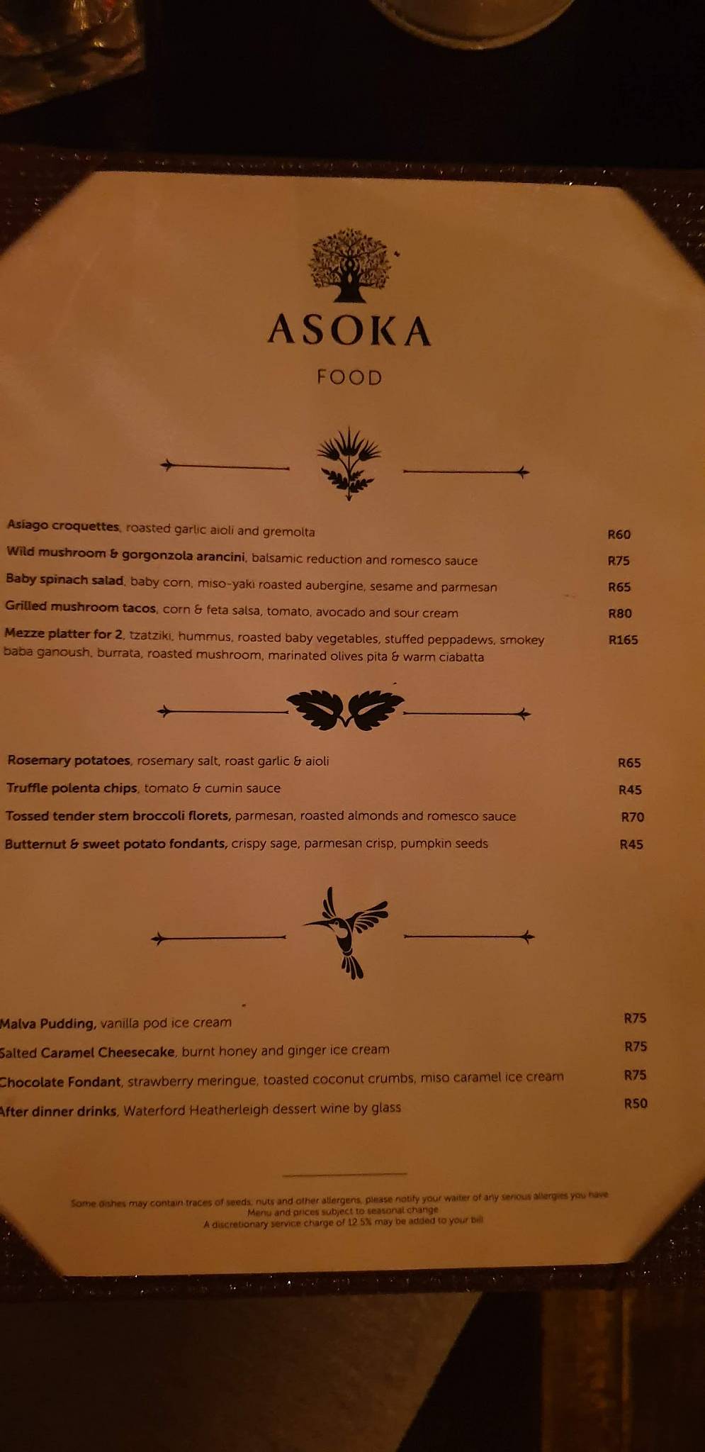 Menu at Asoka Restaurant, Bar and Lounge, Cape Town