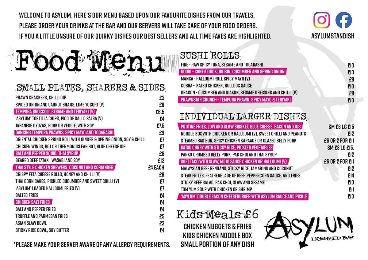 Menu at Asylum restaurant, Wigan
