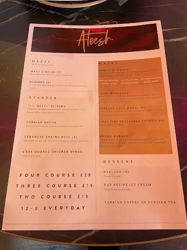 Menu at Ateesh restaurant, Newcastle upon Tyne