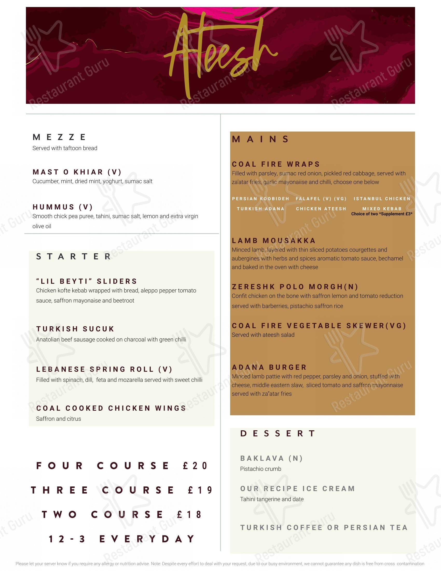 Menu at Ateesh restaurant, Newcastle upon Tyne