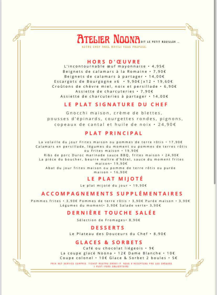Menu au Atelier Noona restaurant, Le Cannet