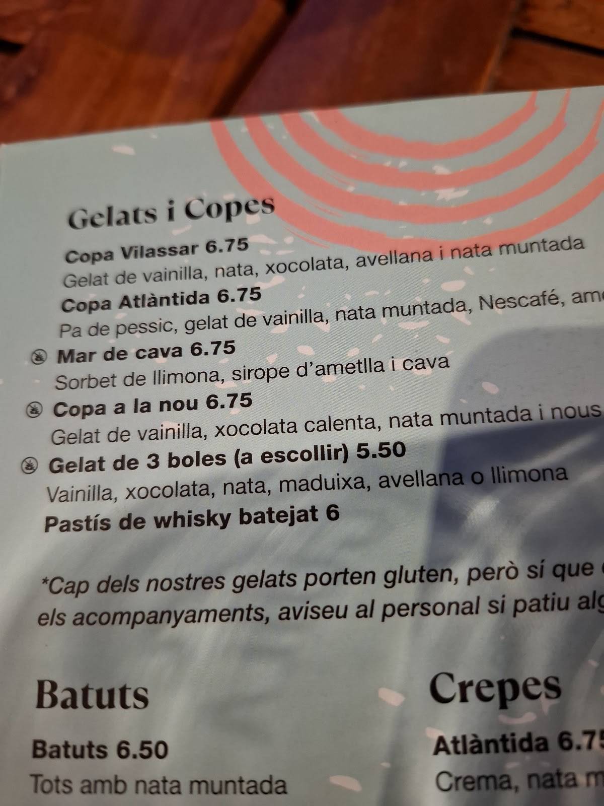 Menu at Atlàntida cafeteria, Vilassar de Mar