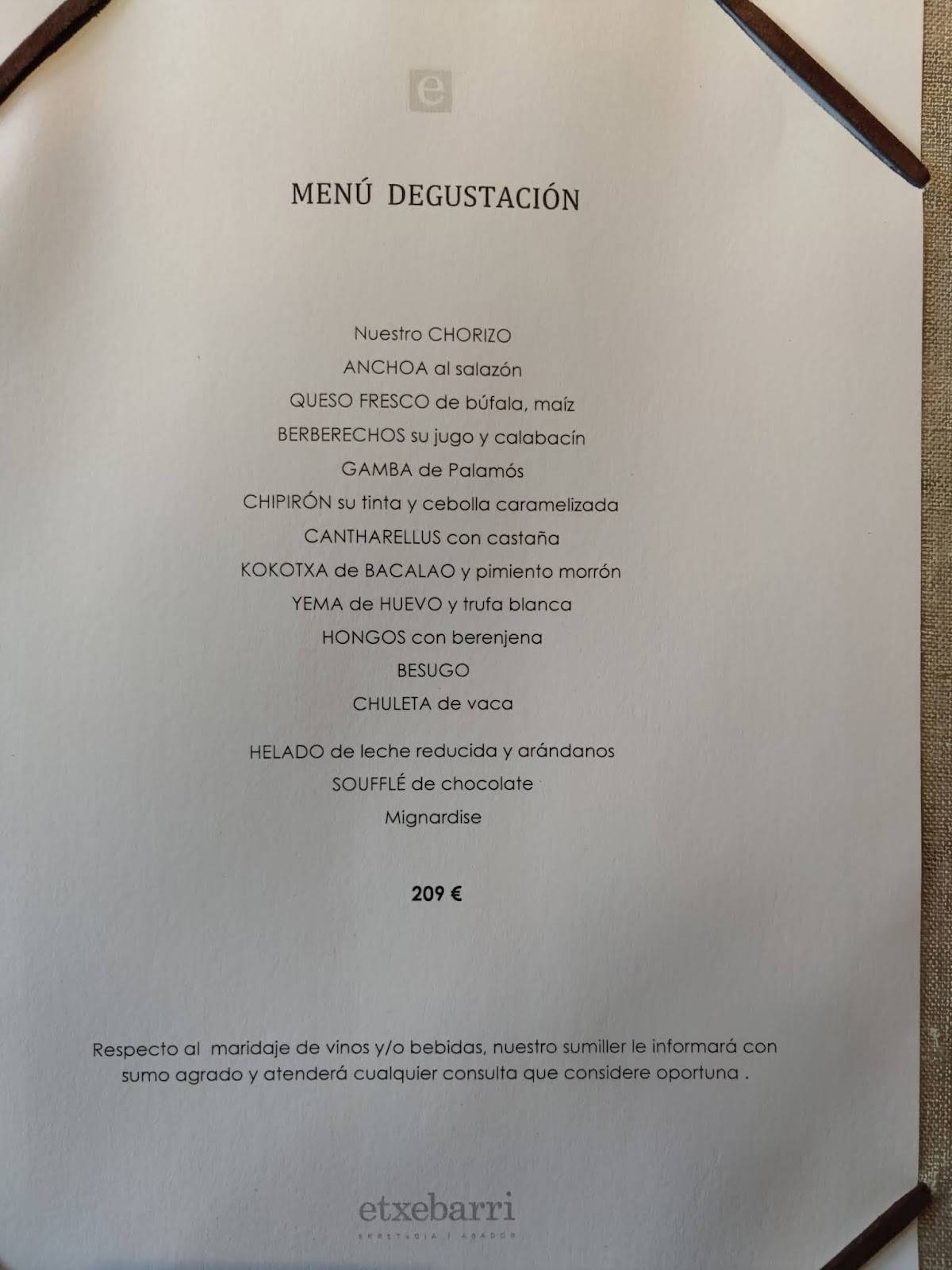 Menu at Asador Etxebarri, Axpe
