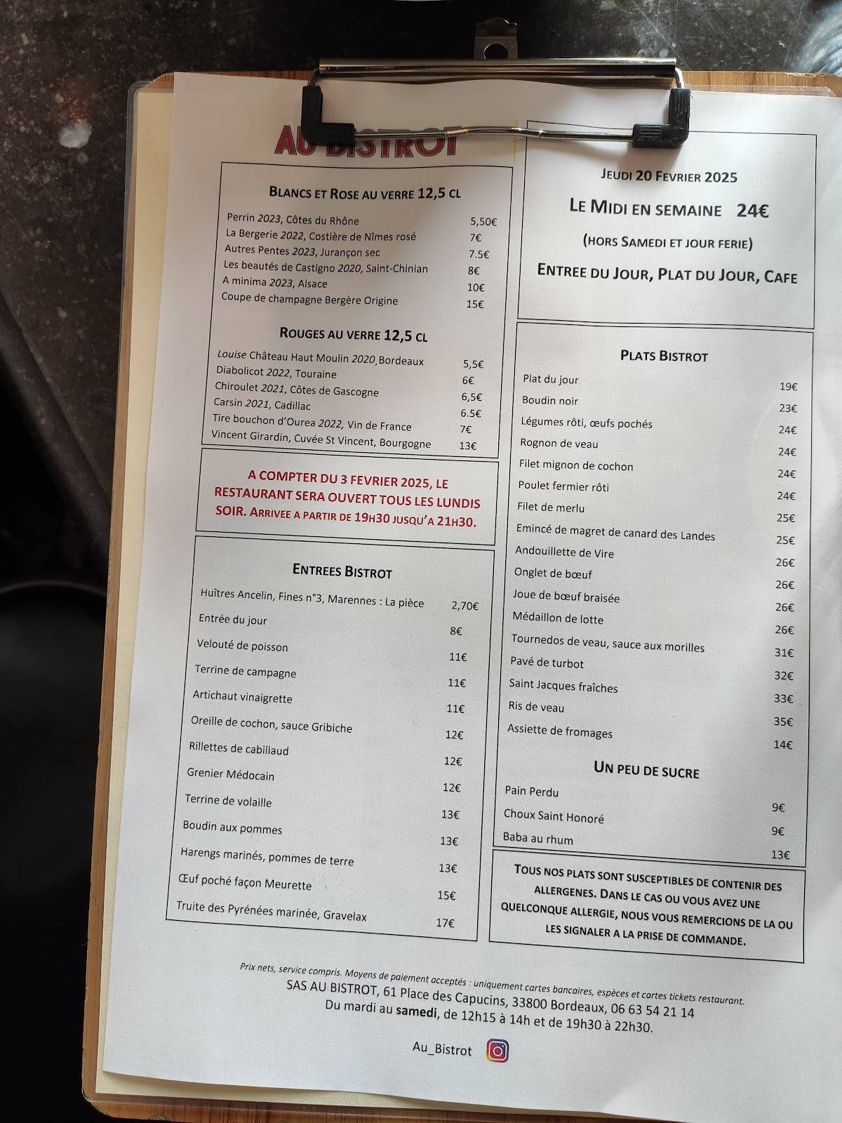 Menu at Au Bistrot restaurant, Bordeaux
