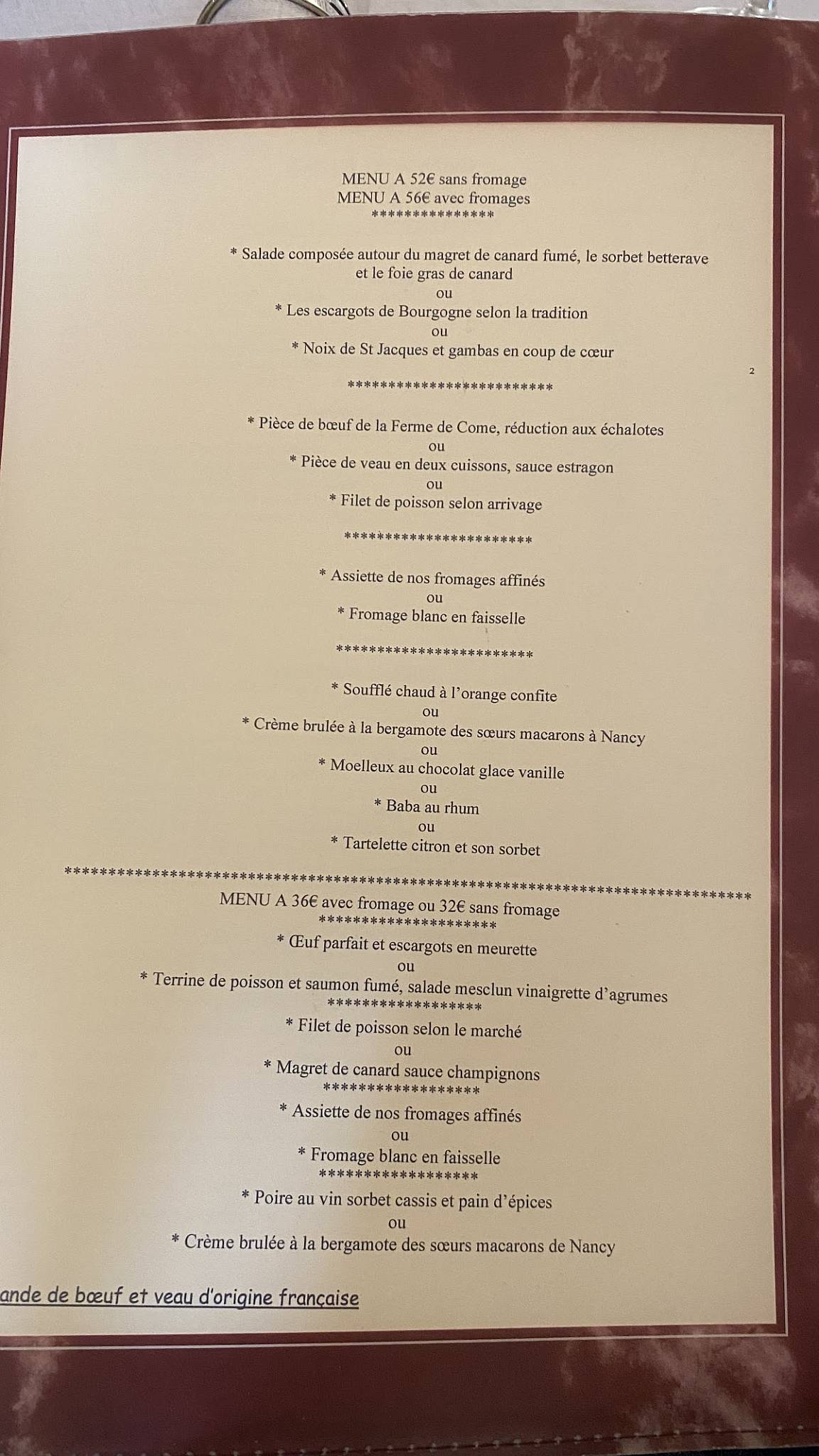Menu at Auberge des Chenêts restaurant, Vault-de-Lugny