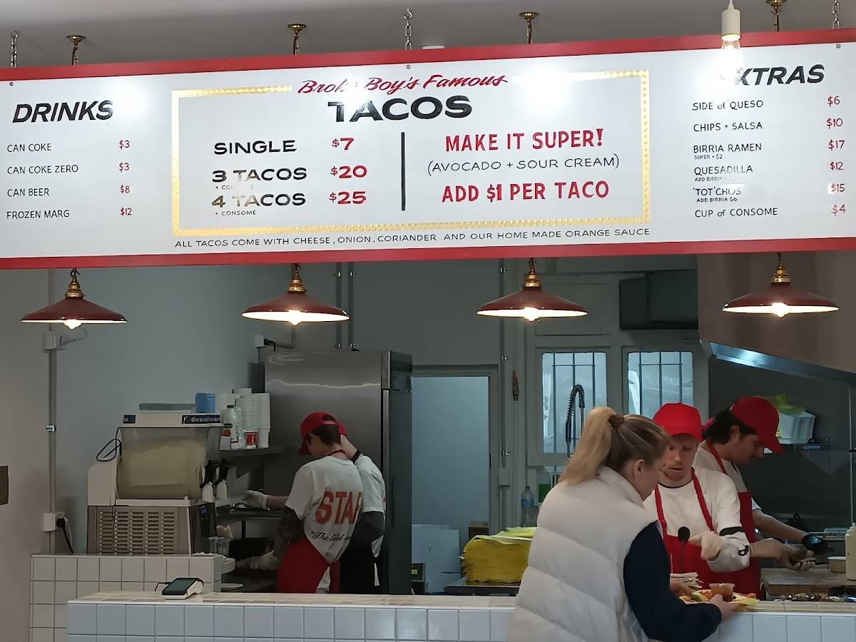 Menu at Broke Boy Taco restaurant, Auckland