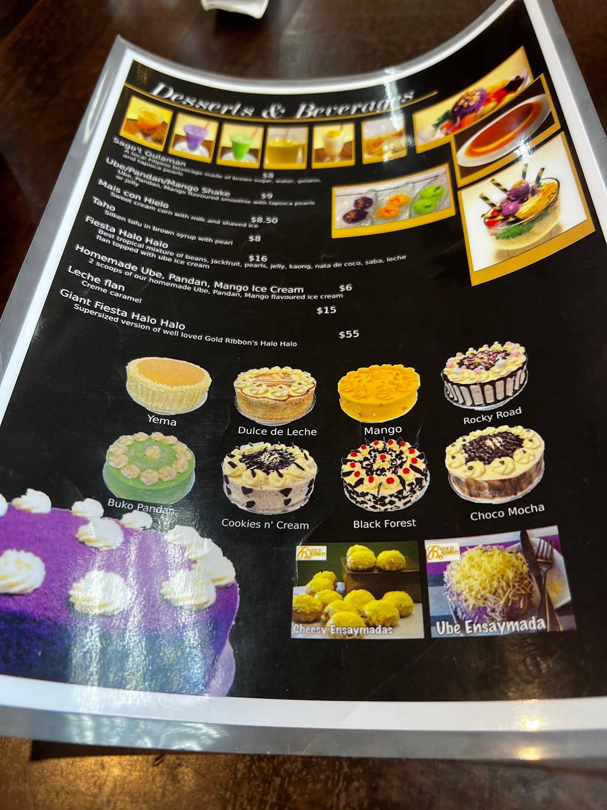 Menu at Gold Ribbon restaurant, Auckland