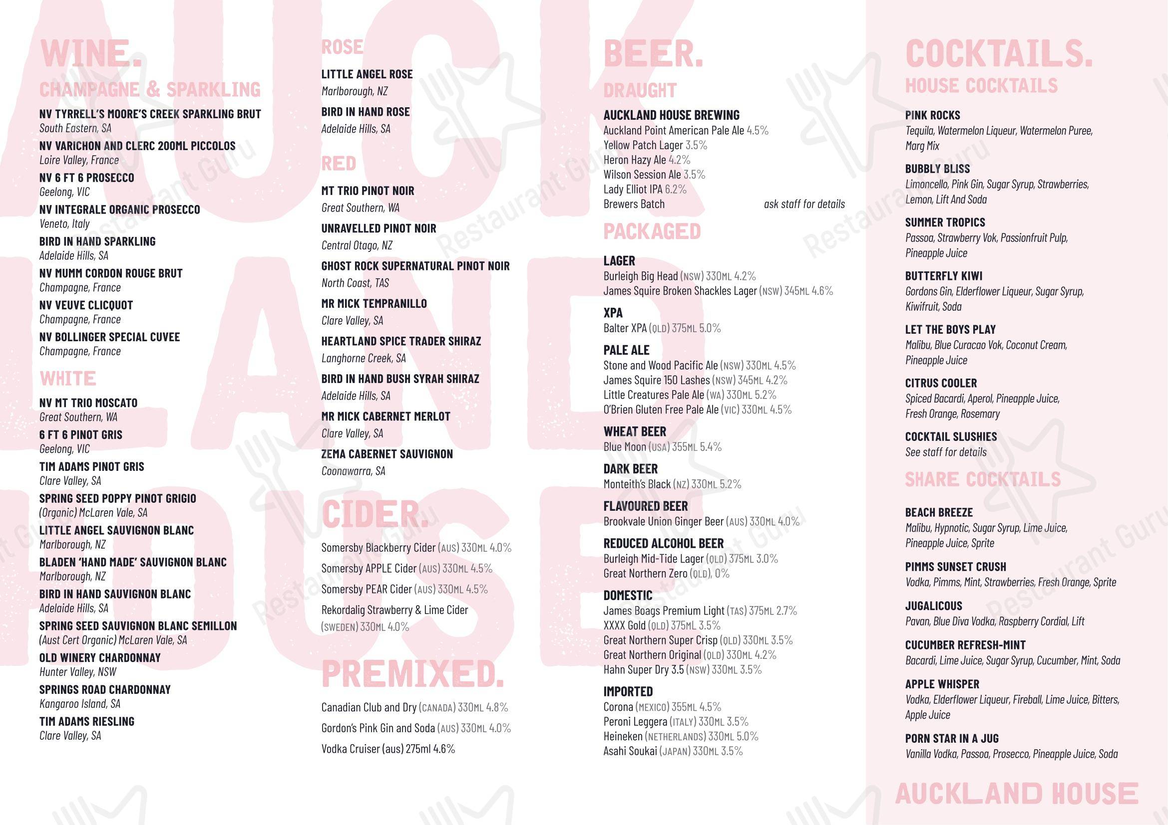 Menu at Auckland House pub & bar, Gladstone Central, 60 Flinders Parade