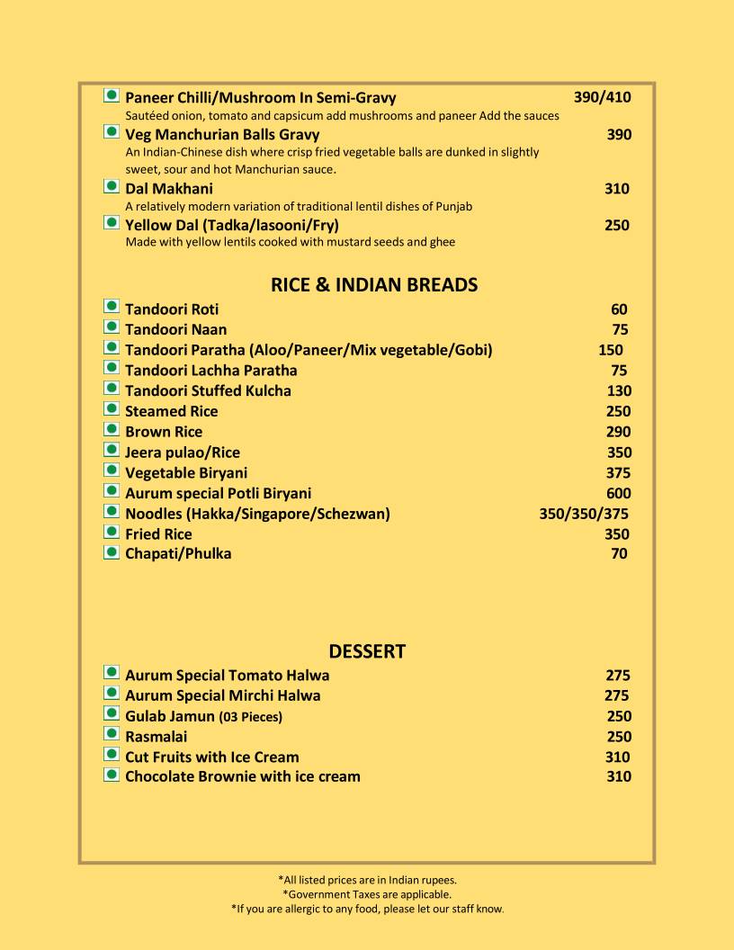 Menu at Aureate Flavour of India, India