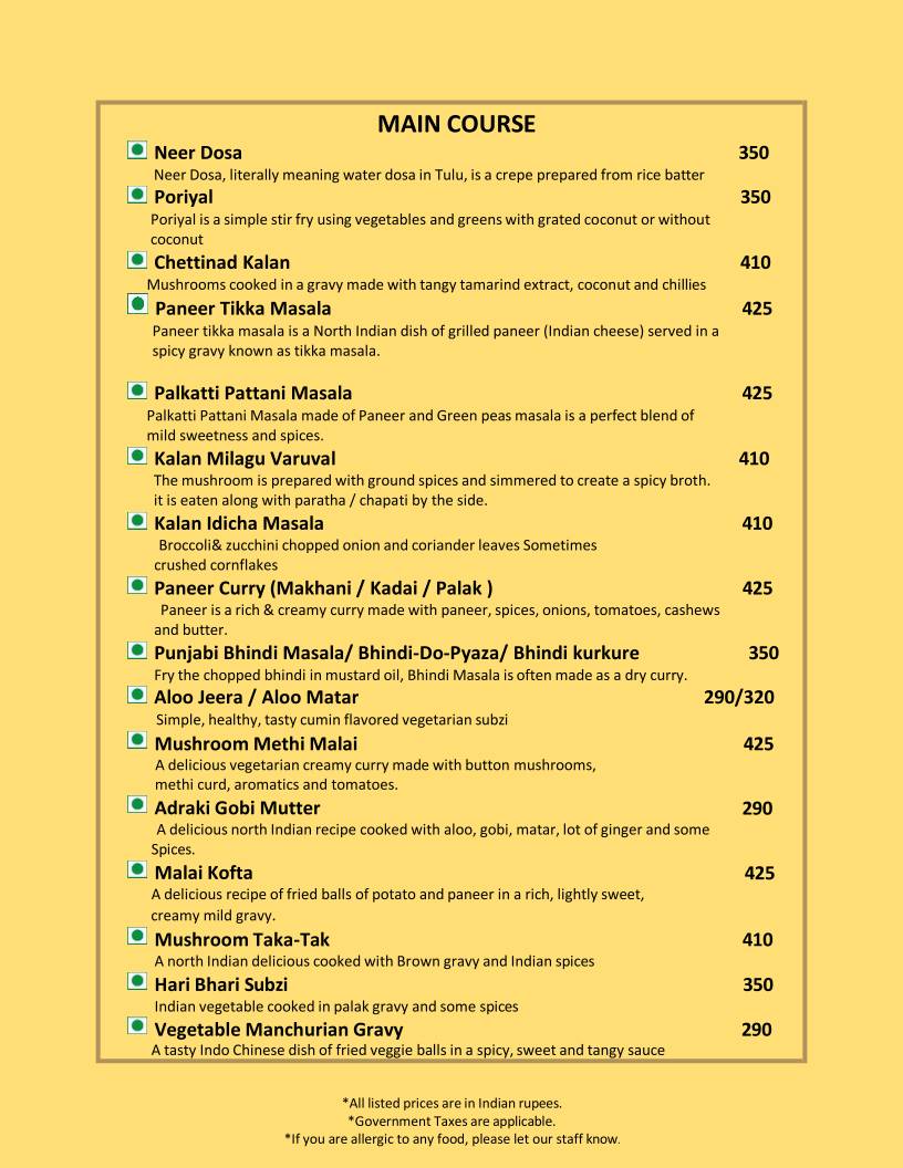 Menu at Aureate Flavour of India, India