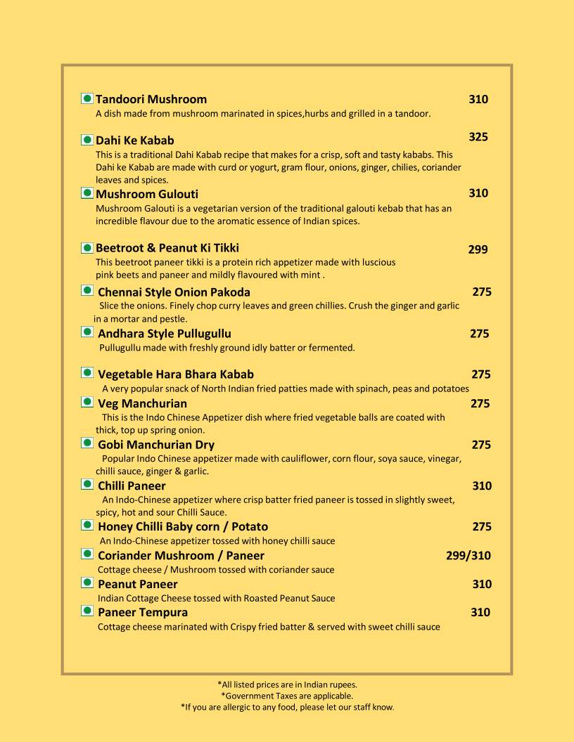 Menu at Aureate Flavour of India, India
