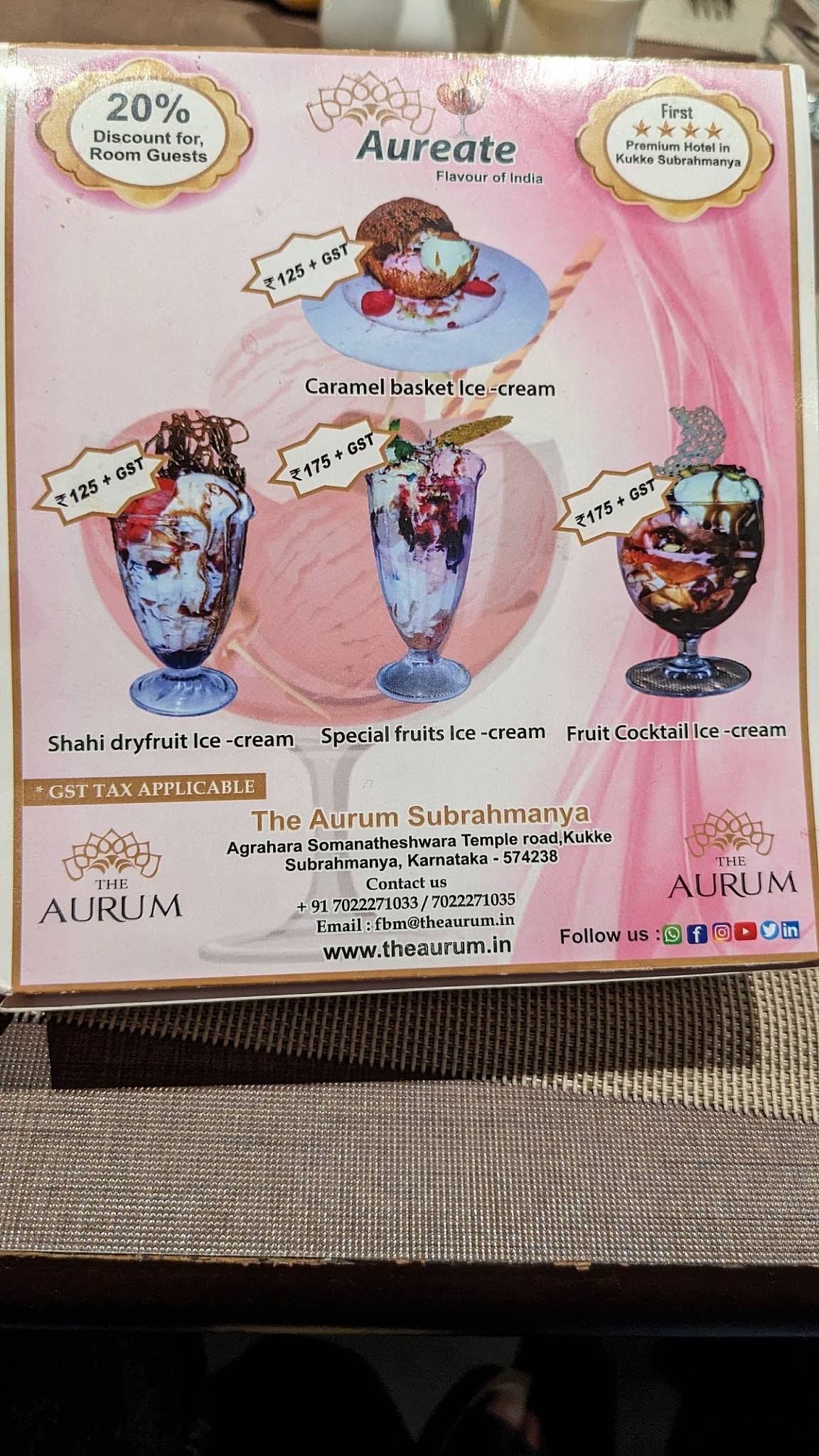 Menu at Aureate Flavour of India, India