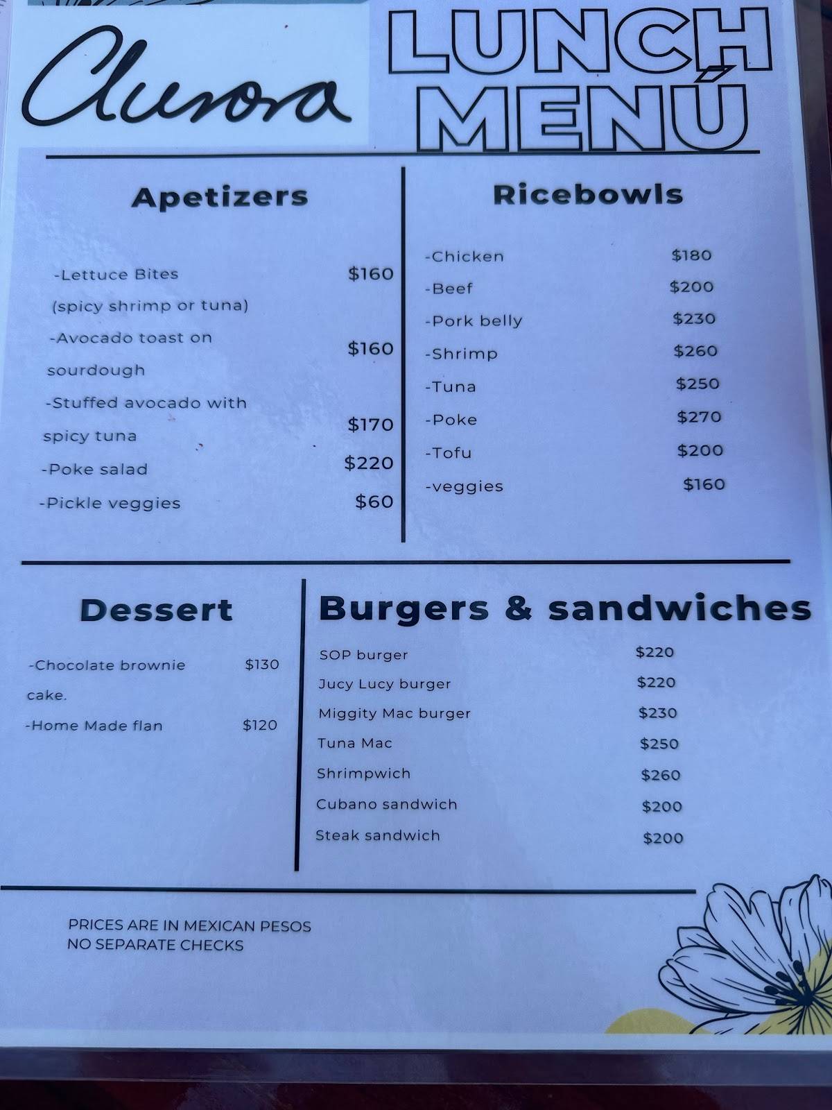 Menu at Aurora cocina y bar, Isla Mujeres