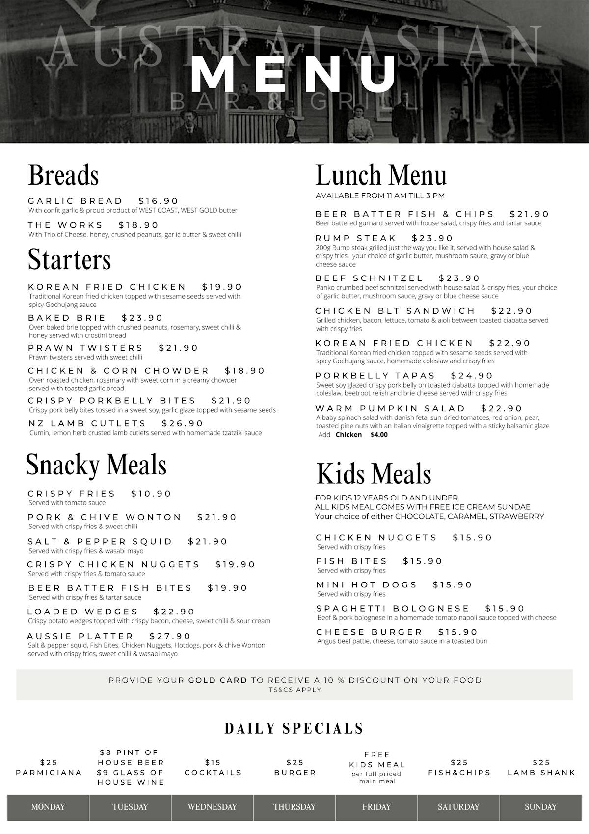 Menu at Australasian Bar & Grill, Greymouth