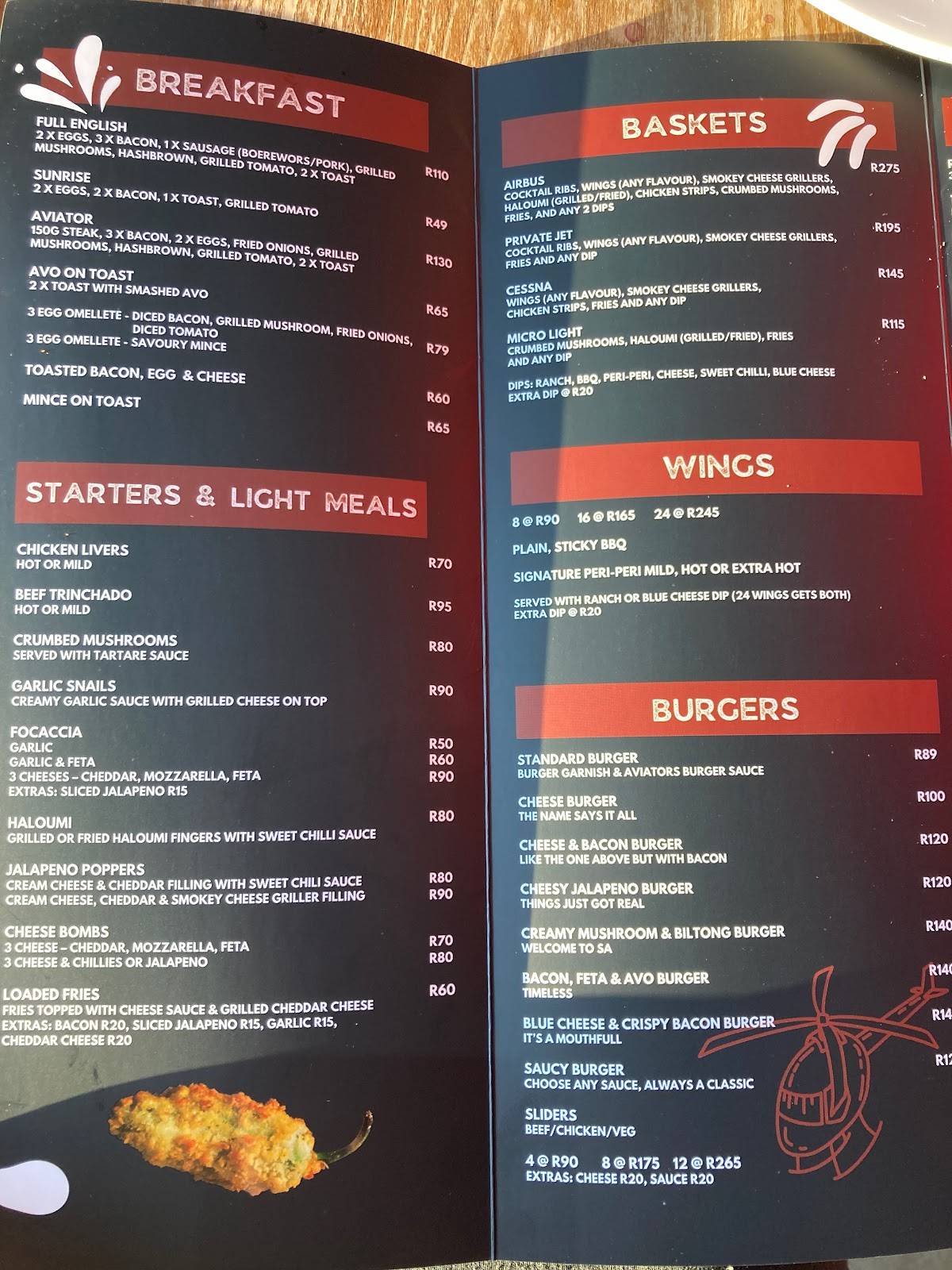 Menu at Aviators Harties restaurant, Hartbeespoort, Portion 34