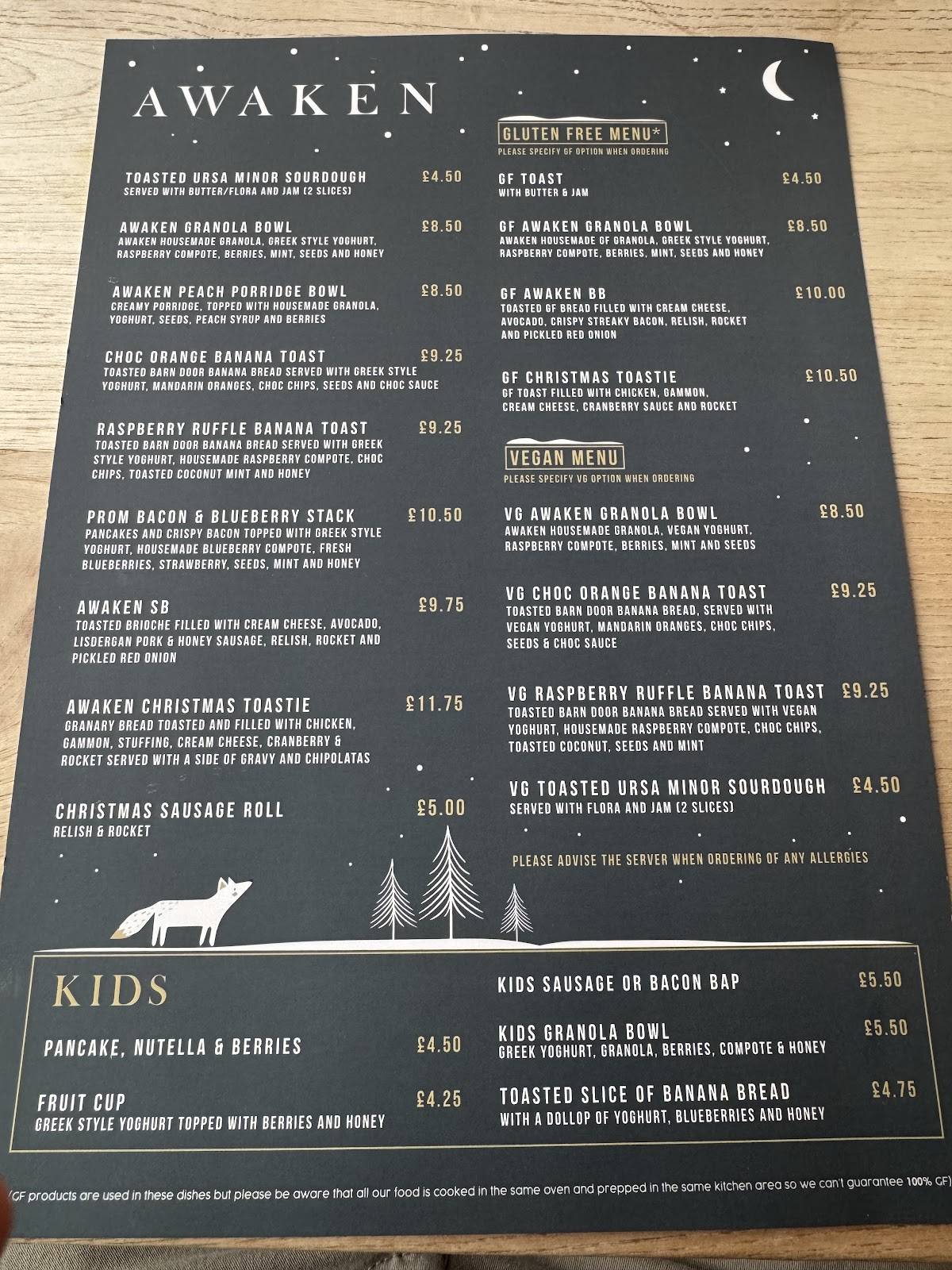 Menu at Awaken cafe, Portstewart