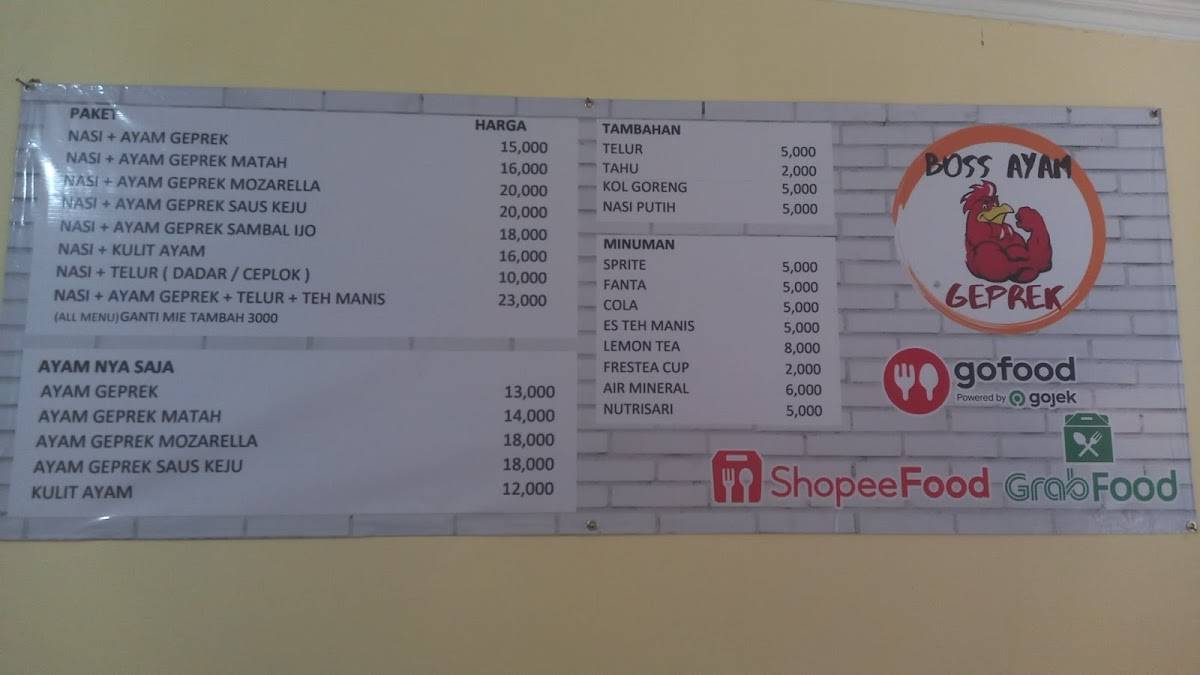 Carta del restaurante Ayam Geprek, Boss Ayam Geprek Antapani, Bandung