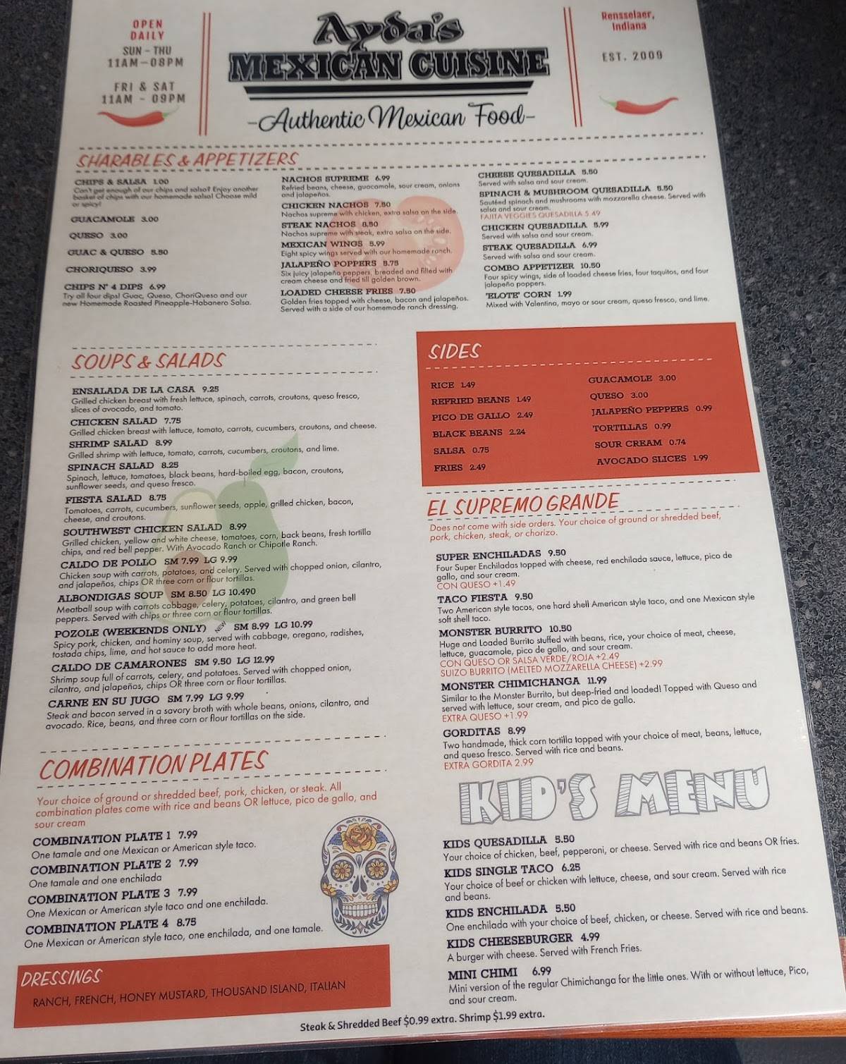 Menu at Ayda's Mexican Cuisine restaurant, Rensselaer, 208 S Van ...