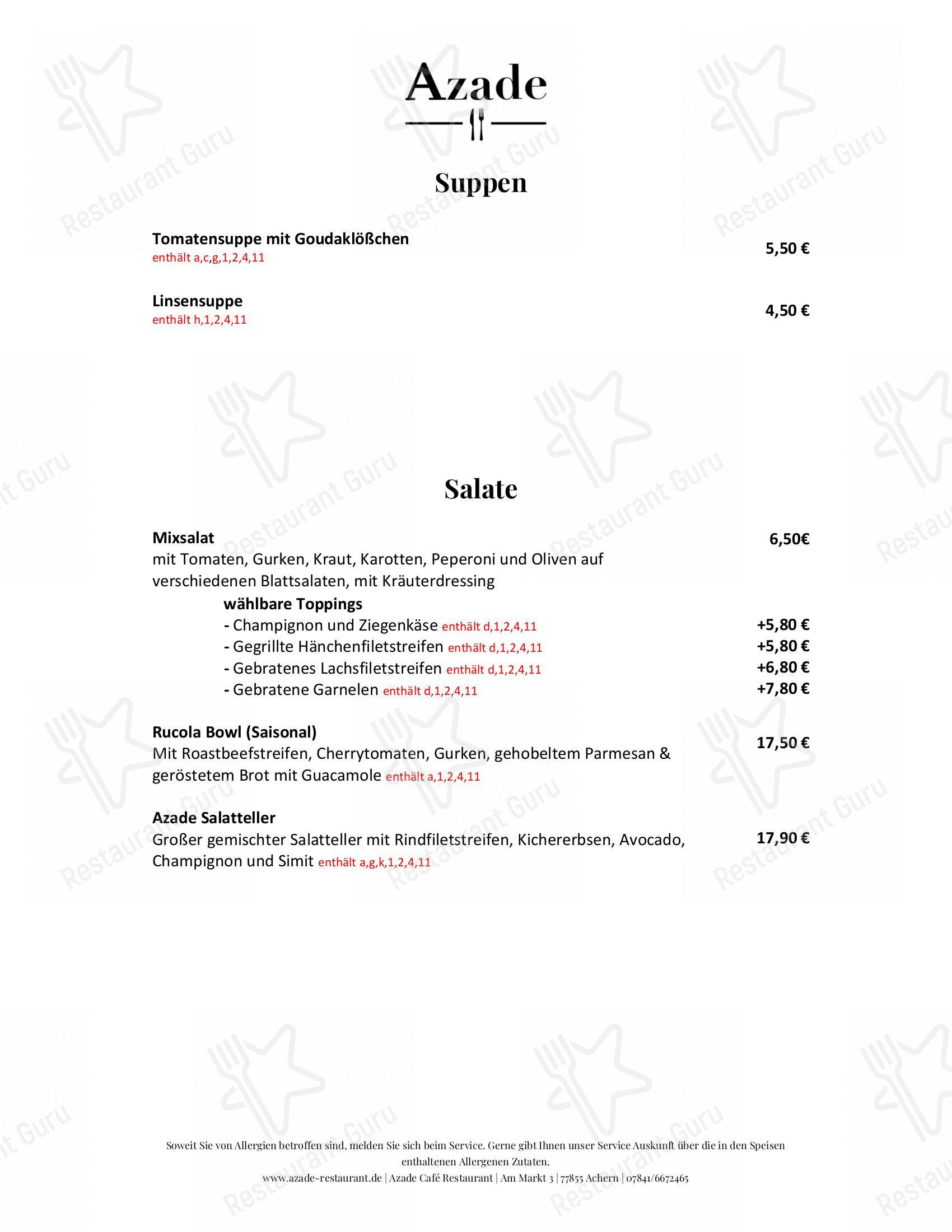 Speisekarte von Azade Cafe Restaurant, Achern