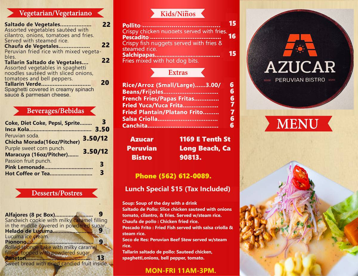 Menu at Azúcar Rinconcito Colombiano restaurant, Long Beach