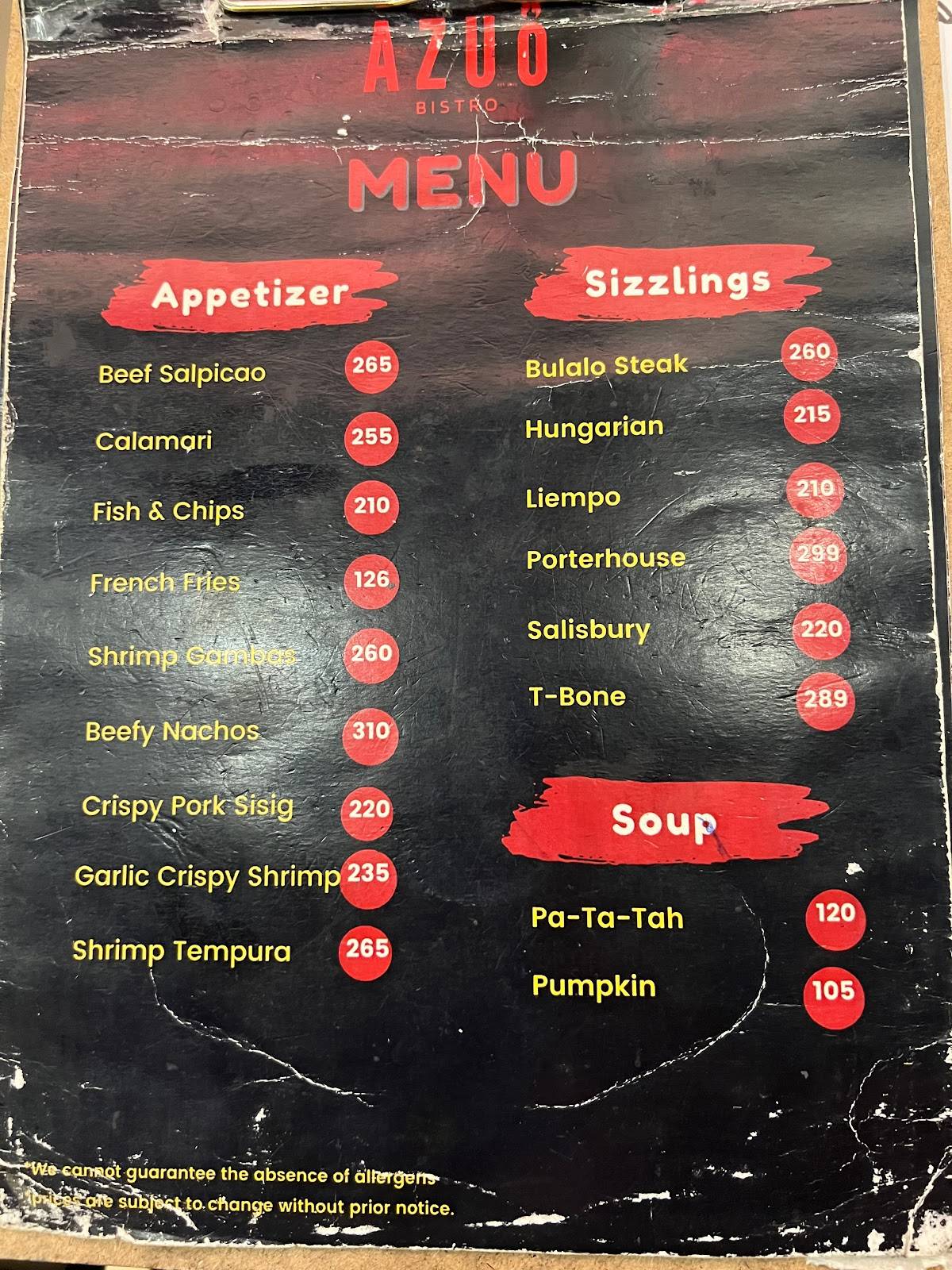 Menu at Azuo Bistro restaurant, Davao City