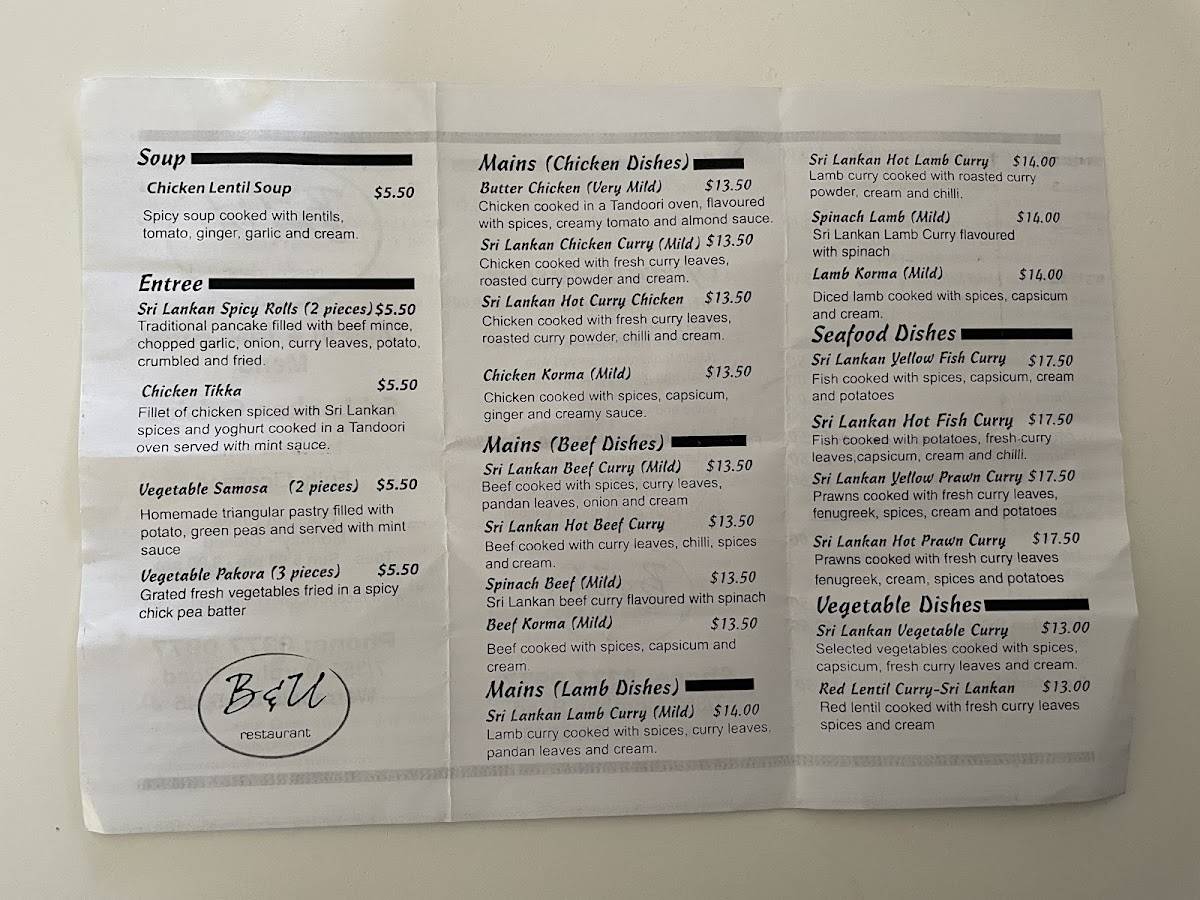 Menu at B & U restaurant, Warradale