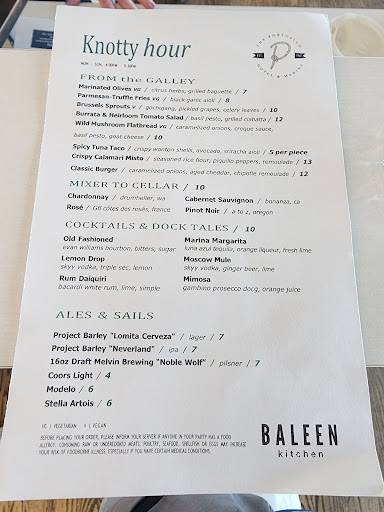 Menu at BALEENkitchen restaurant, Redondo Beach, 260 Portofino Way