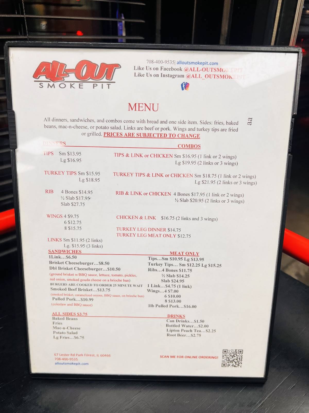 Menu at All-Out Smoke Pit BBQ, Park Forest