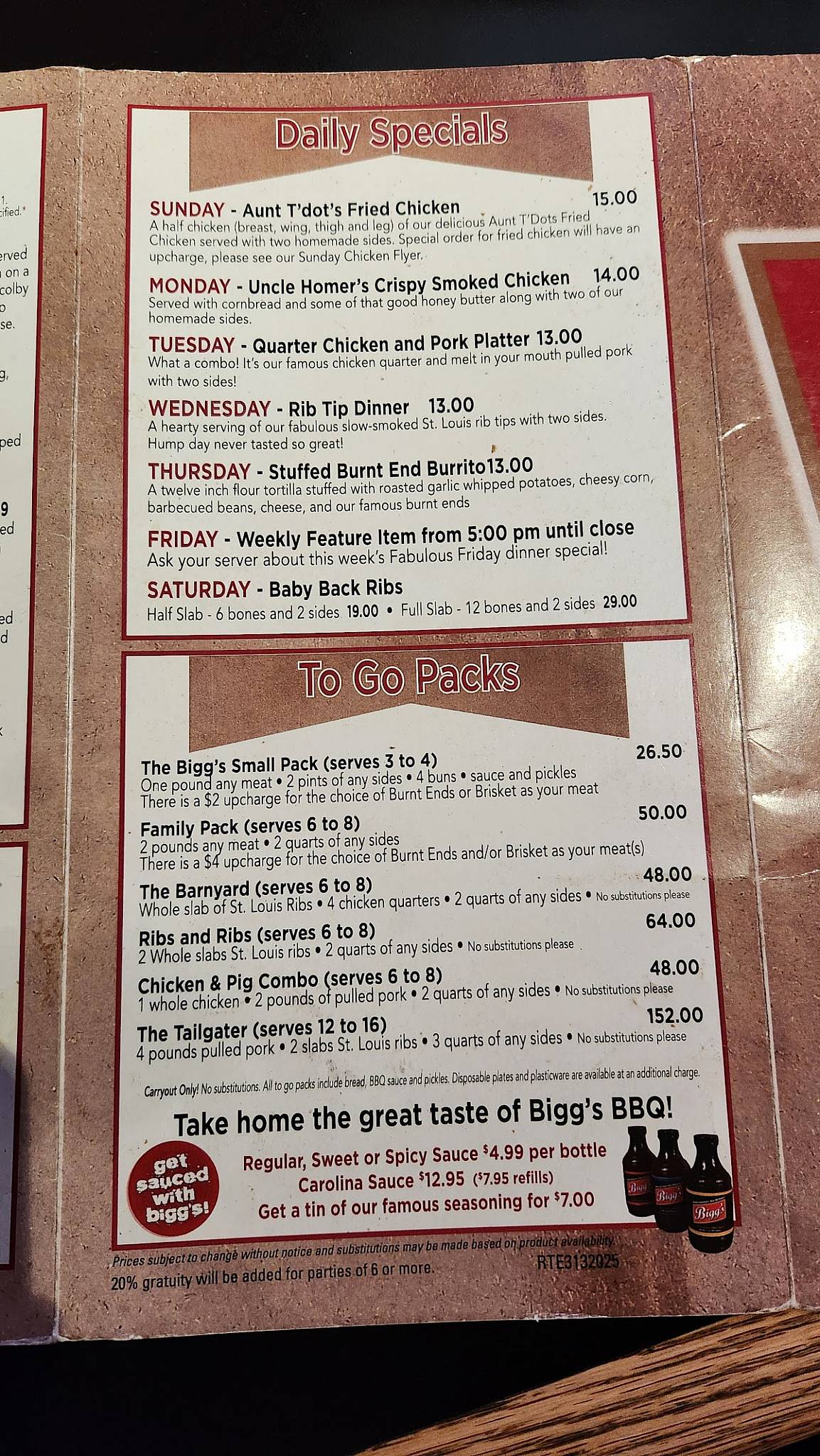 Menu at Bigg's BBQ, Lawrence
