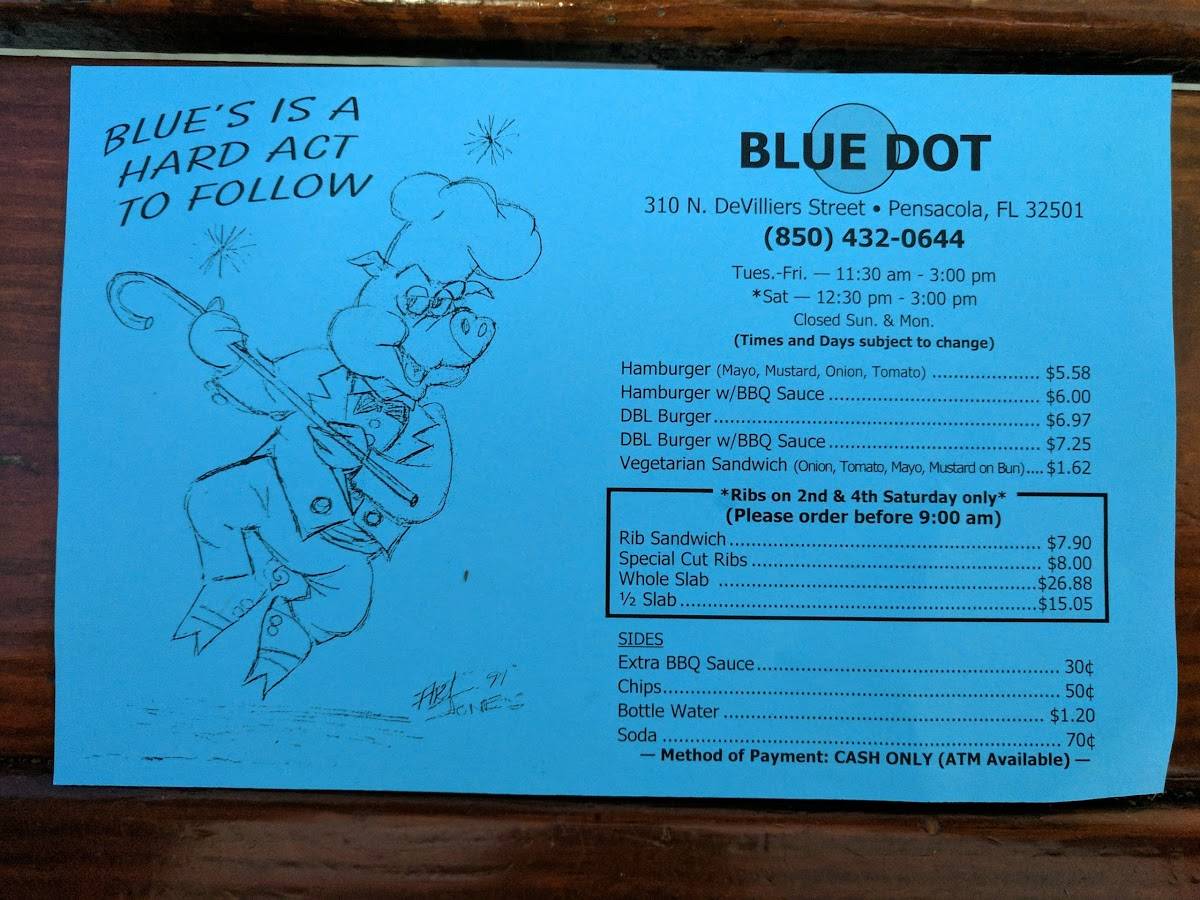 Menu at Blue Dot BBQ, Pensacola