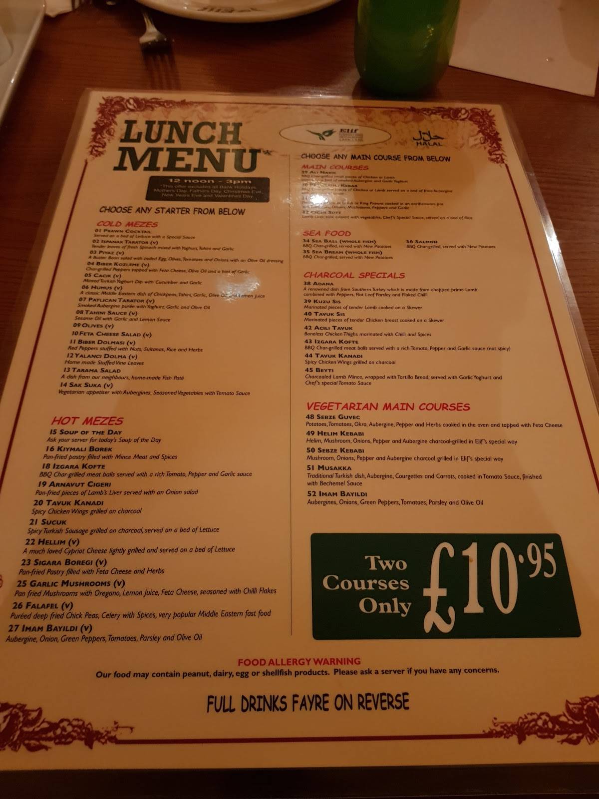 Menu at Elif Restaurant, Liverpool, 6 Lark Ln